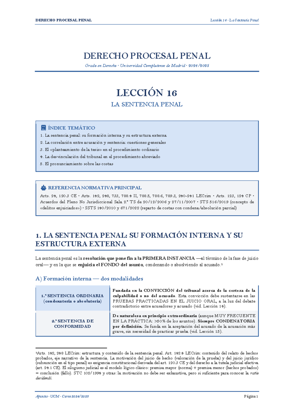 Lección 16: La Sentencia Penal en Derecho Procesal Penal - UCM - Studocu