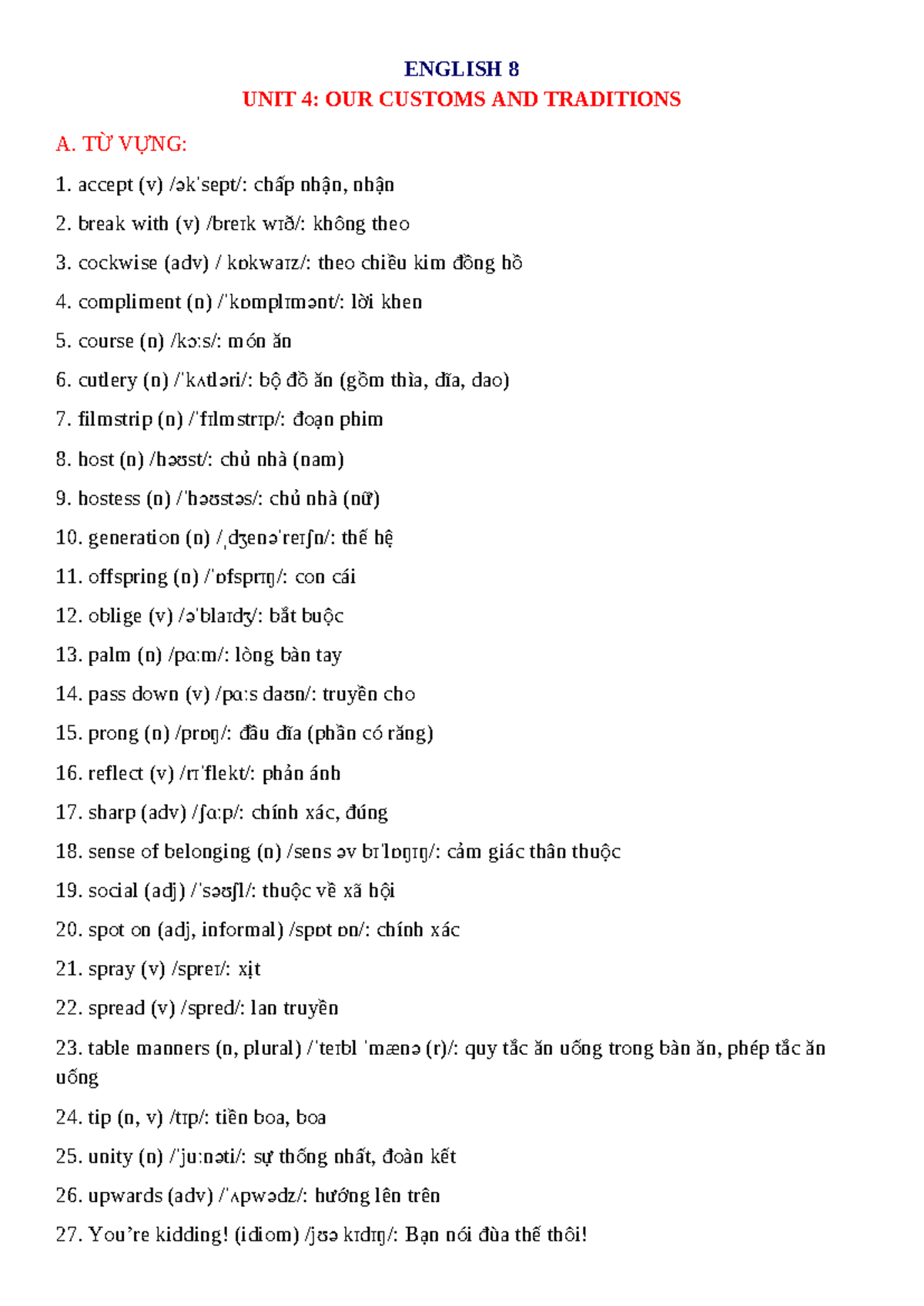 ENGLISH 8 UNIT 4: OUR CUSTOMS AND TRADITIONS - VOCAB & GRAMMAR - Studocu