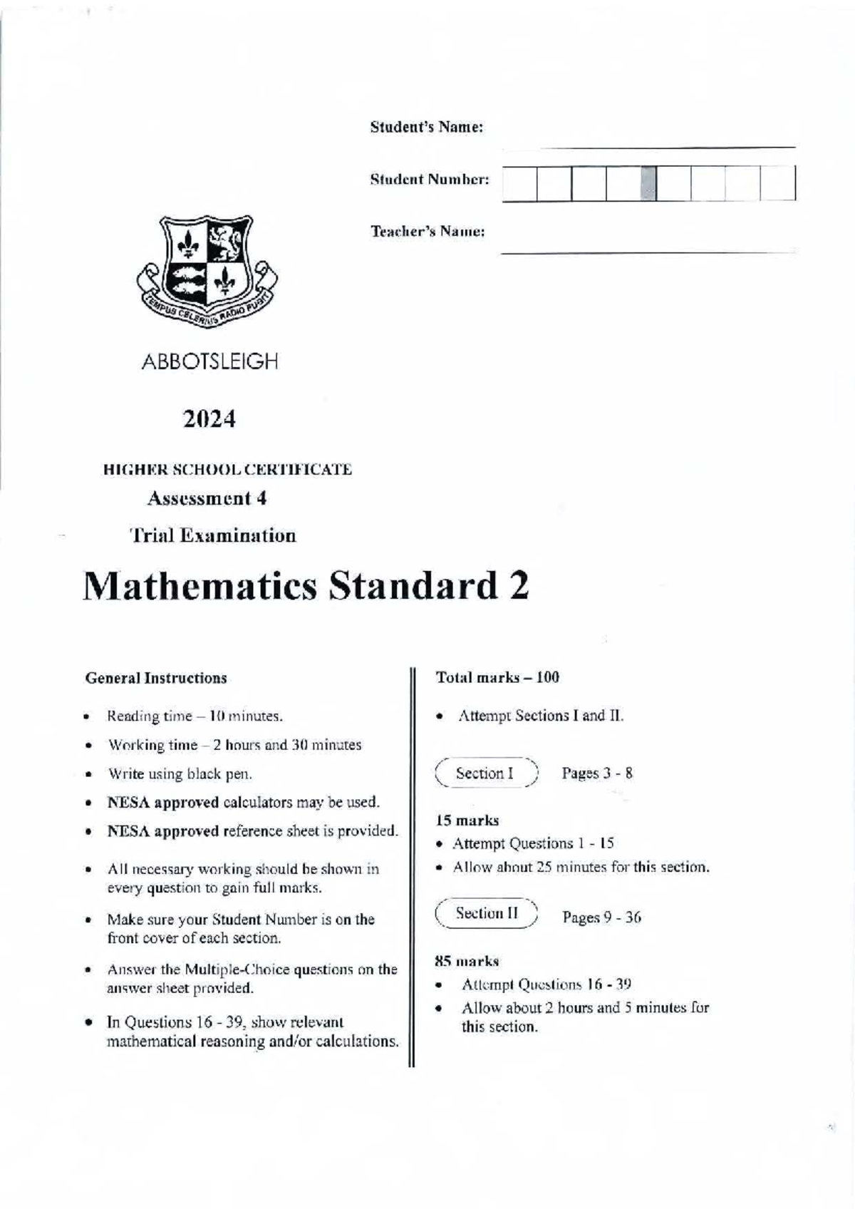 Mathematics Standard 2 HSC Assessment 4 Trial Exam 2024 - Studocu