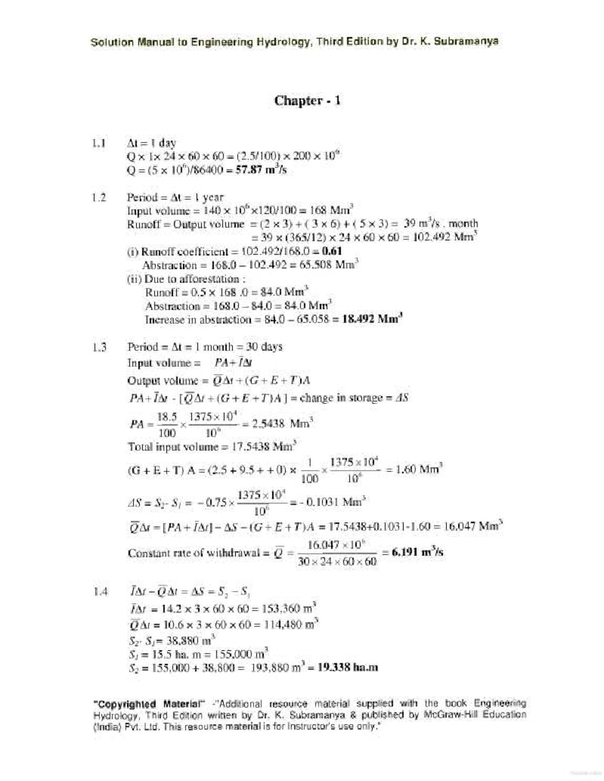 Solution Manual for Engineering Hydrology (3rd Ed.) by Dr. K. Subramanya - Studocu