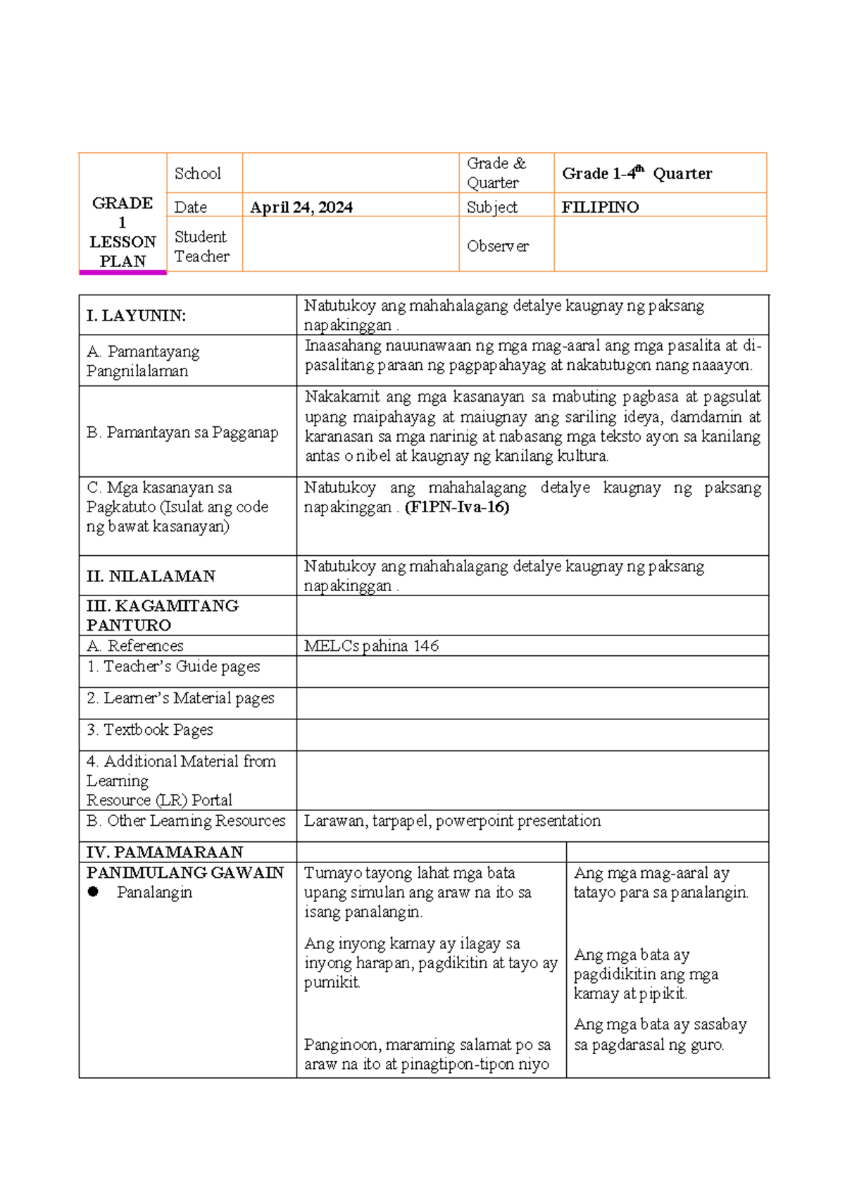 Q4W5 Filipino DAY 3 - Lesson Plan & Activities Guide - Studocu