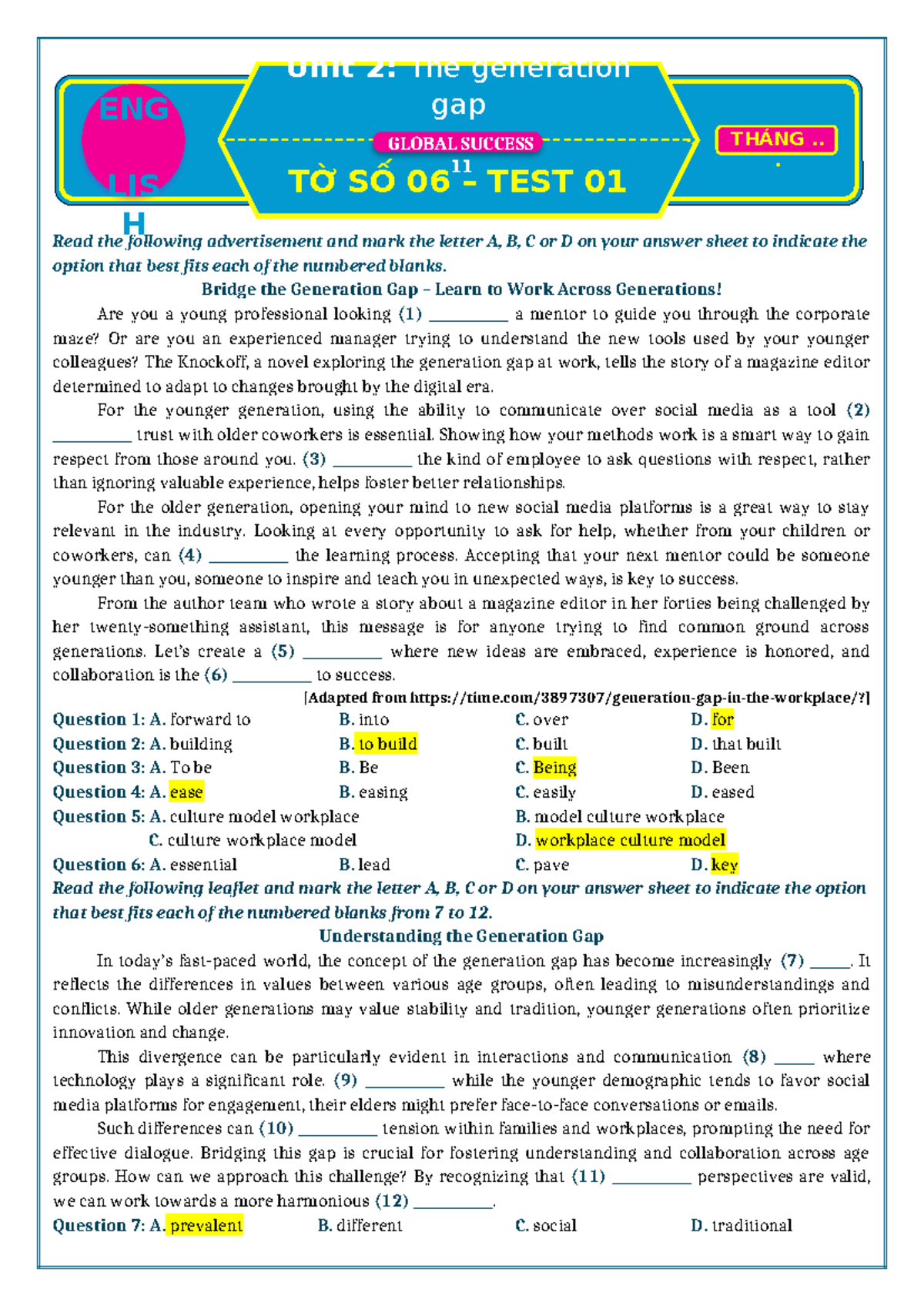 ENG GLOBAL SUCCESS 11: Unit 2 Generation Gap Test 01 - Studocu