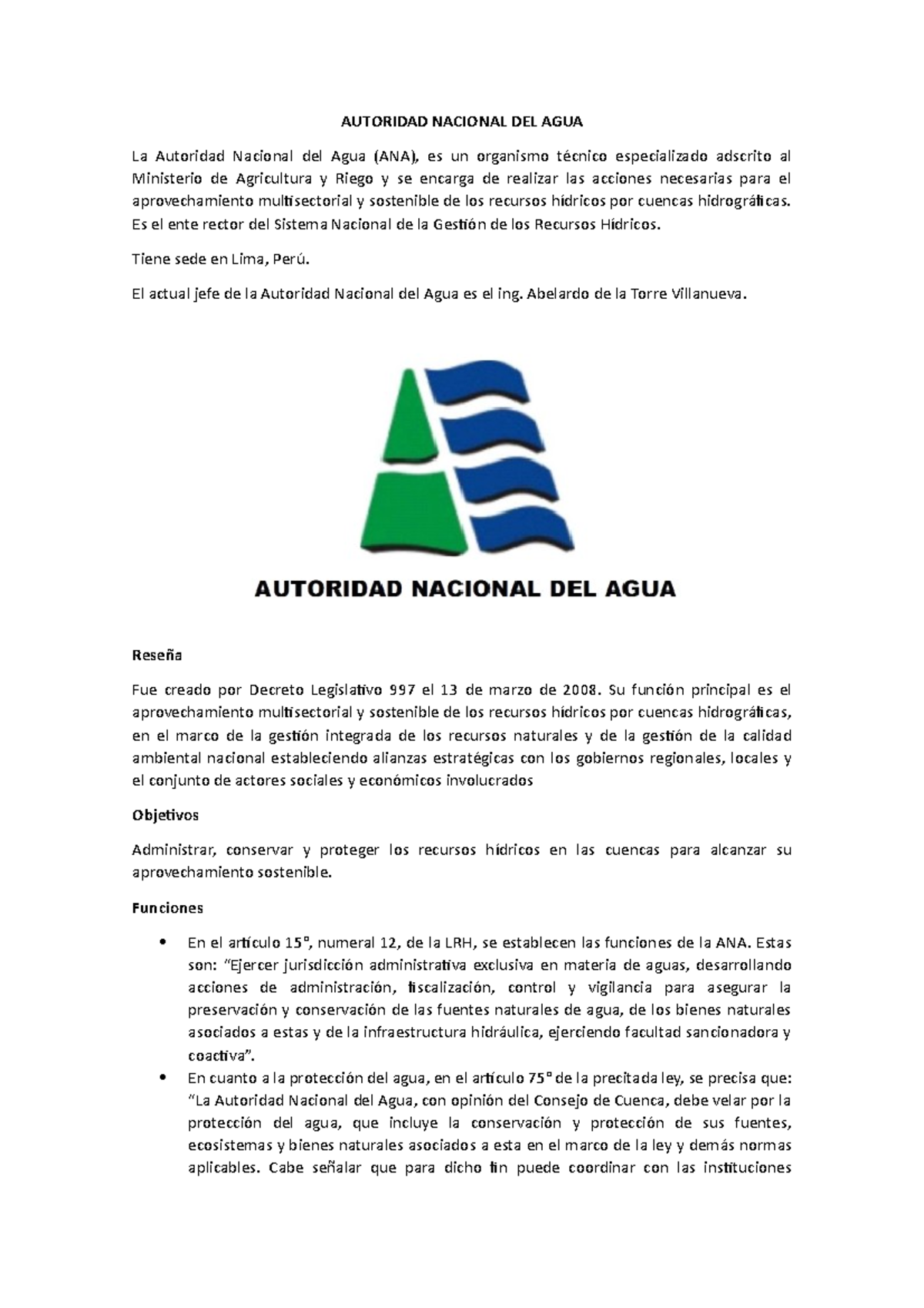Estudio sobre la Autoridad Nacional del Agua (ANA) en Perú - Studocu