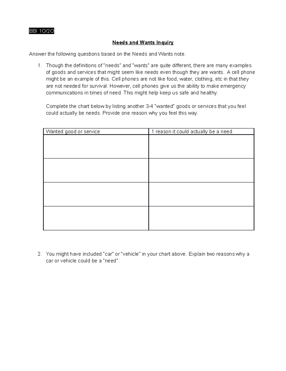 BBI 1O/2O Needs vs. Wants Inquiry: Understanding Consumer Behavior ...