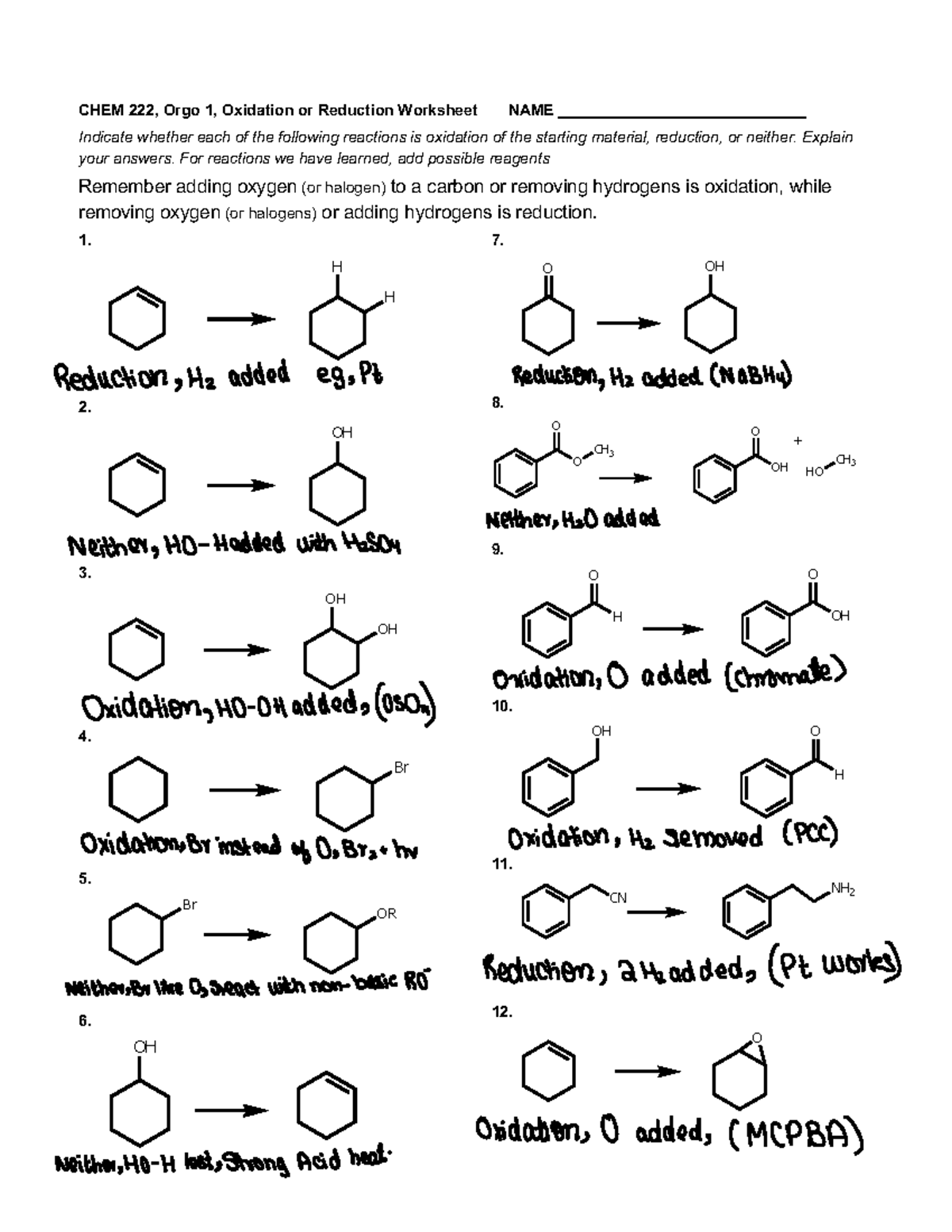 CHEM Orgo 1: Oxidation vs Reduction Worksheet Recitation 11 - Studocu