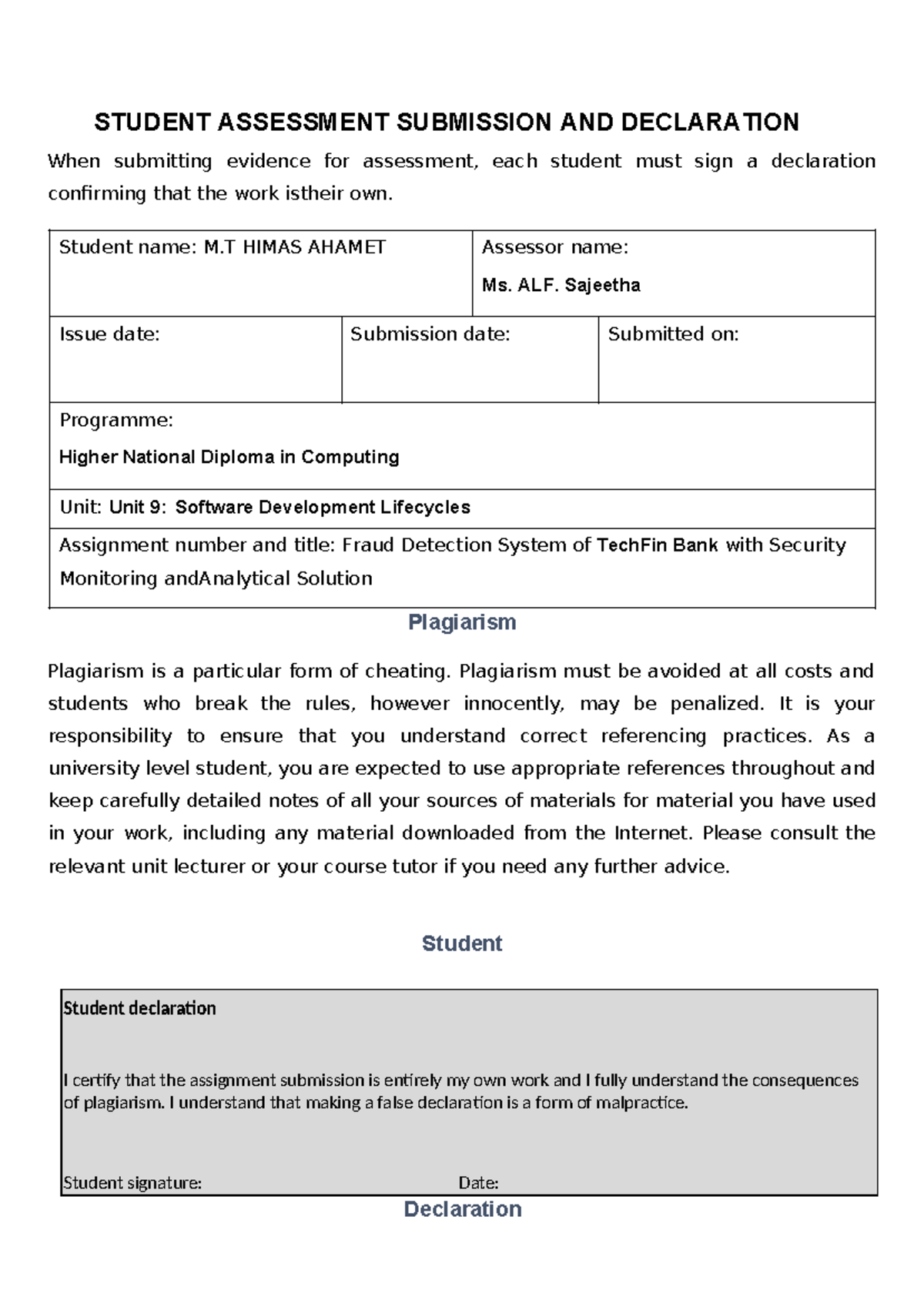 SDLC Himas Ahamed - nothing - Student declaration I certify that the ...