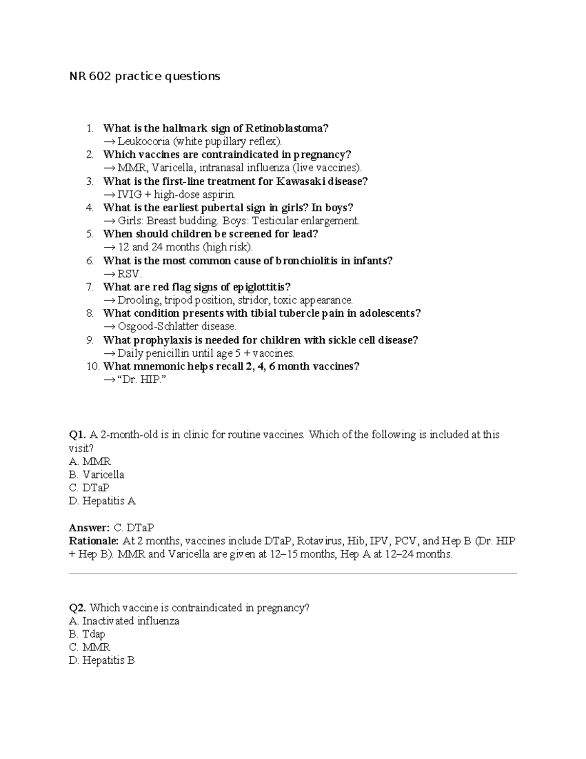 NR 602 Midterm Practice Questions on Pediatric Conditions - Studocu