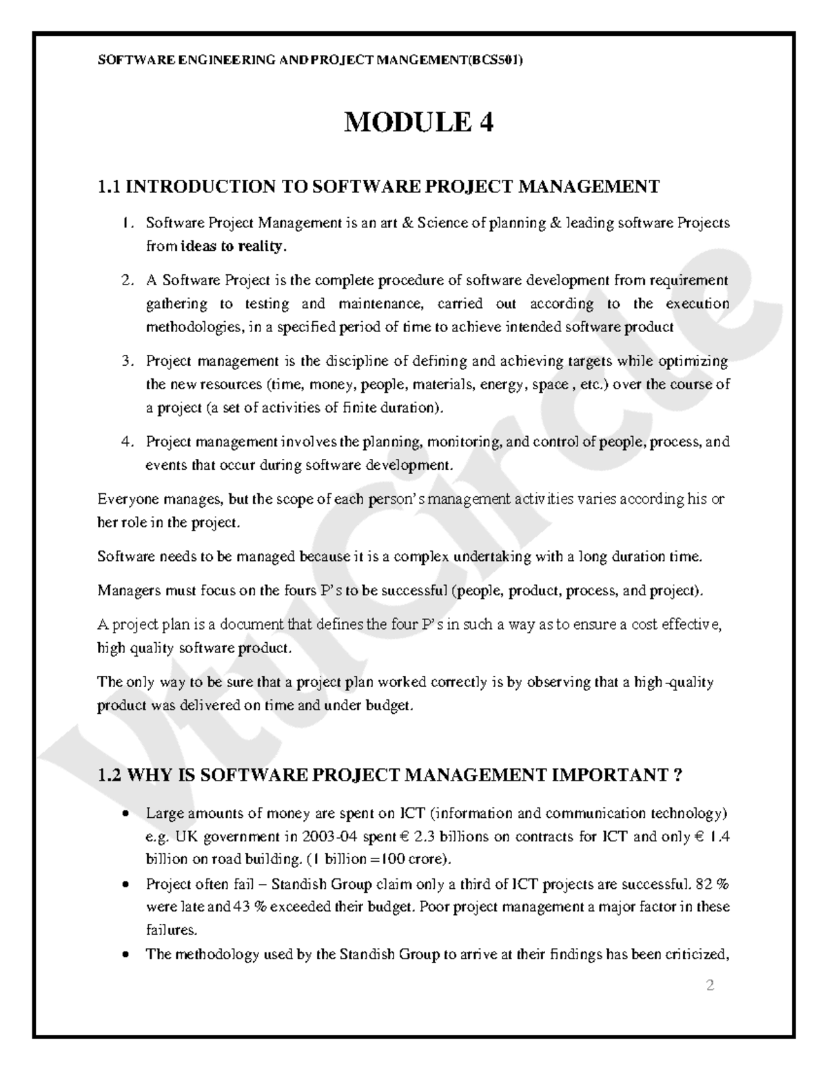 SOFTWARE ENGINEERING AND PROJECT MANAGEMENT (BCS501) MODULE 4 OVERVIEW - Studocu