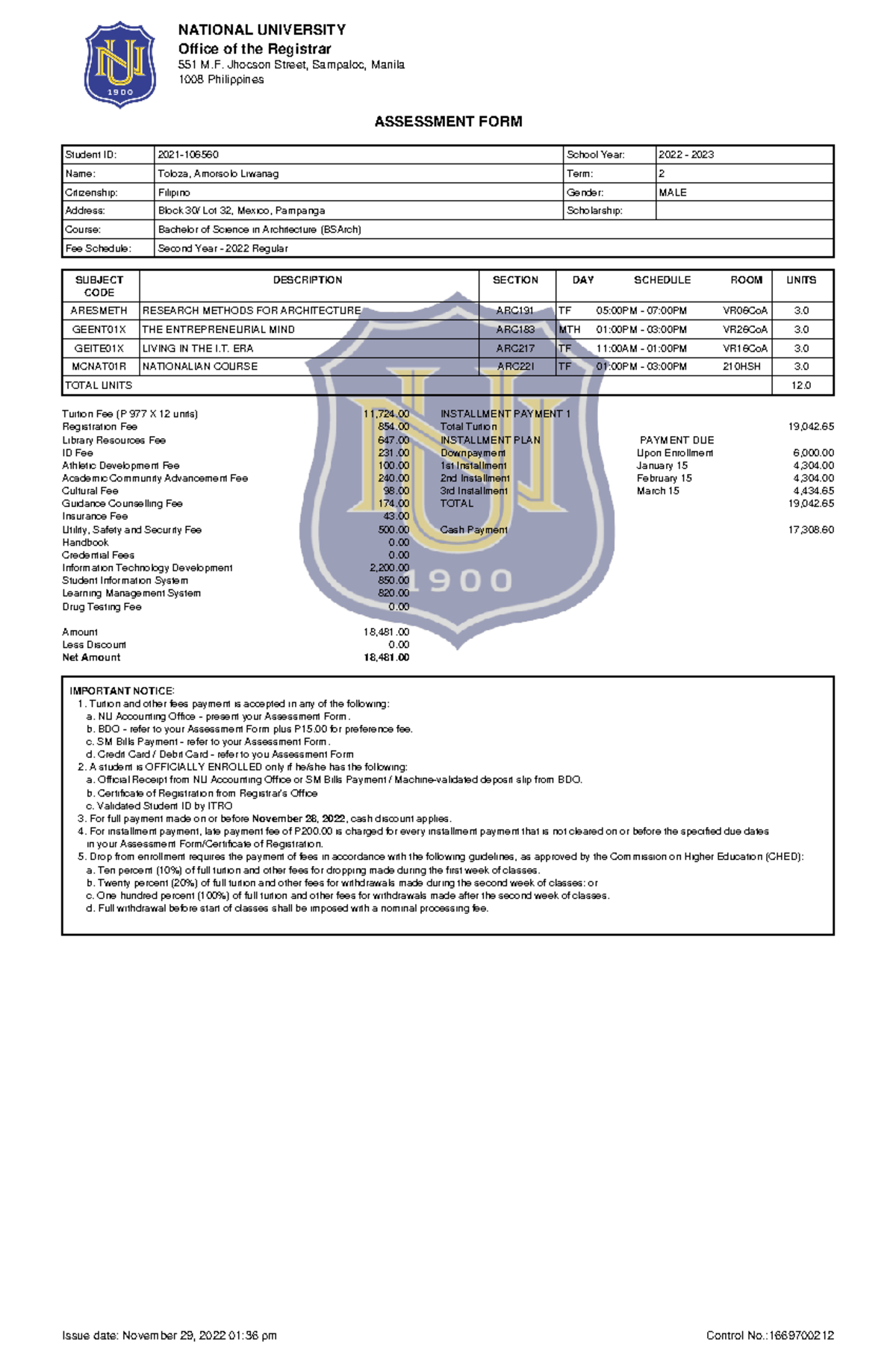 Assessment Form for BSArch Student ID 2021-106560 (SY 2022-2023) - Studocu