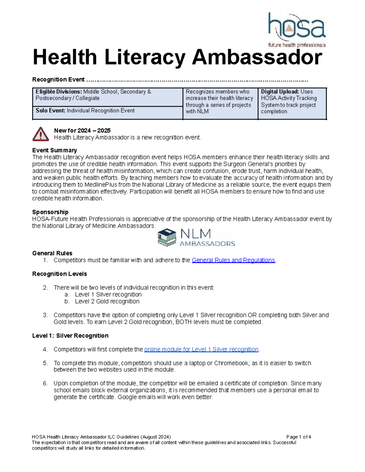 HOSA 2024-2025 Health Literacy Ambassador Event Guidelines - Studocu