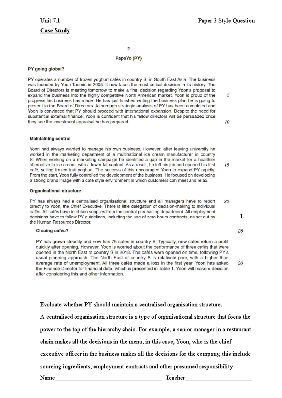 Assessment of Centralised Org Structure: PY Case Study (Unit Paper 3 ...