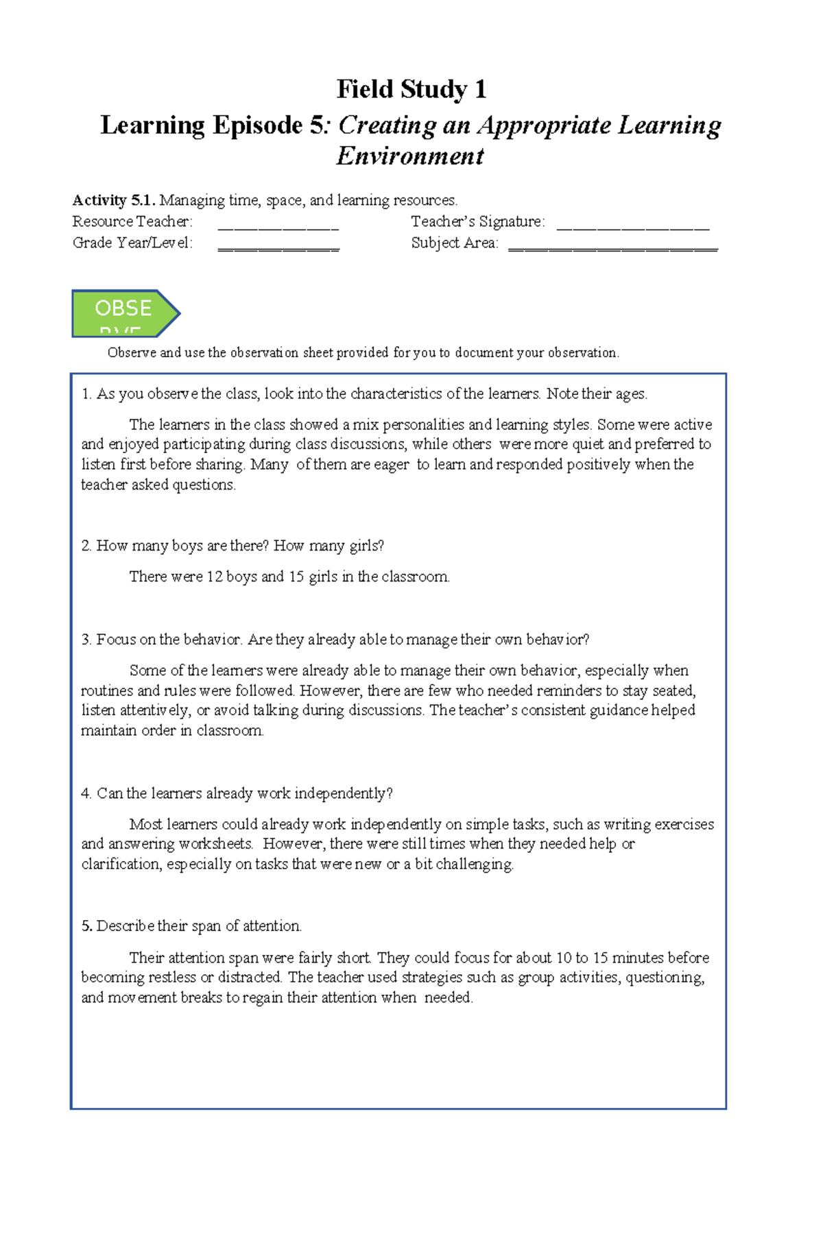 FS 1 Learning Episode 5: Creating a Positive Learning Environment - Studocu