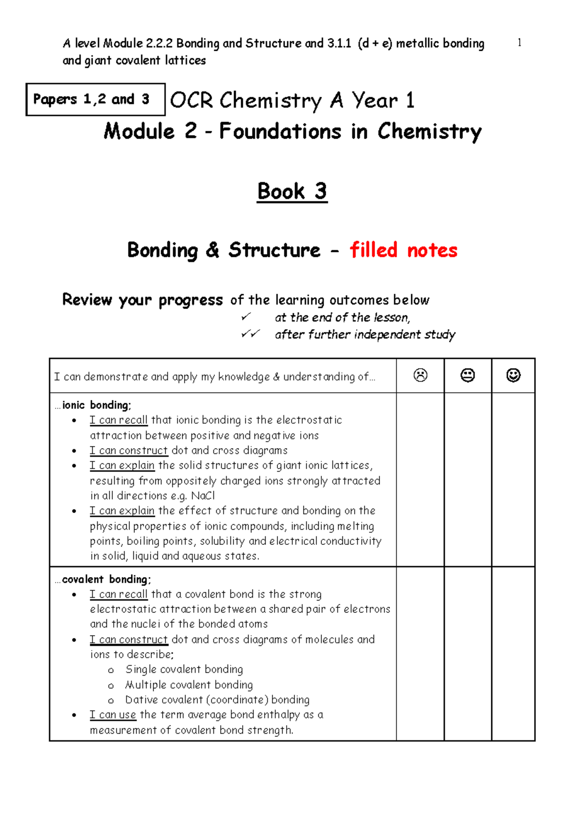 A level Module 2.2.2 Bonding & Structure Notes - Metallic & Covalent ...
