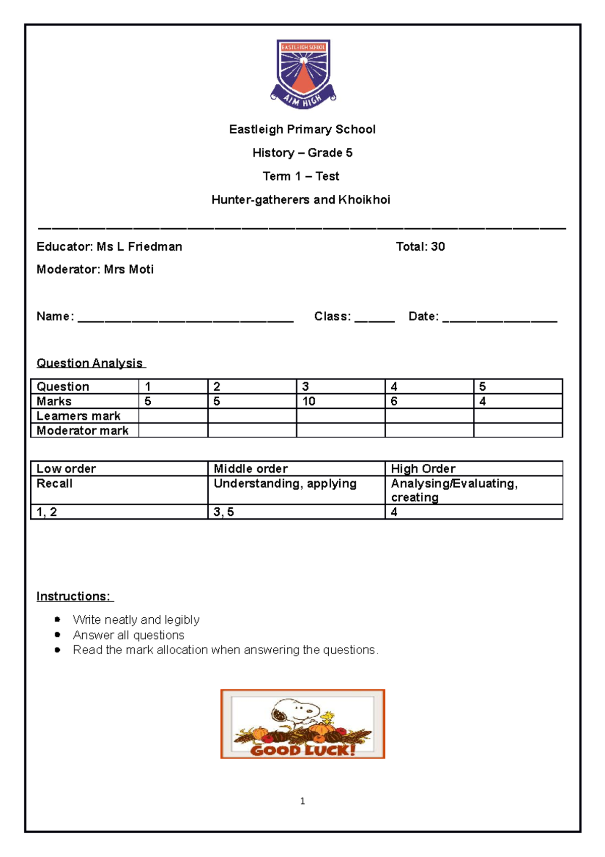 Grade 5 History Term 1 Test - Hunter-gatherers & Khoikhoi Examples ...