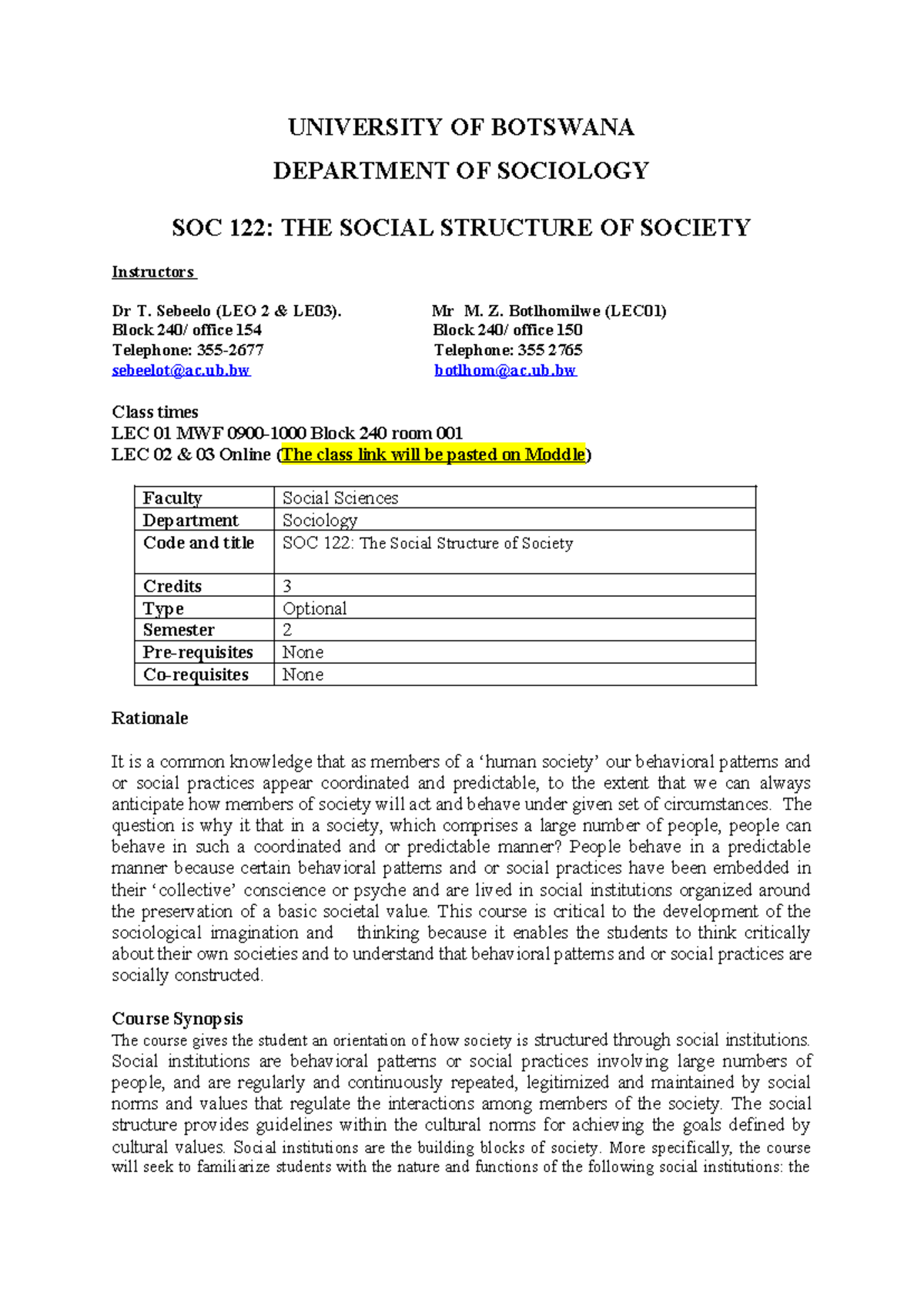 SOC 122 Course Outline: The Social Structure of Society (2025) - Studocu