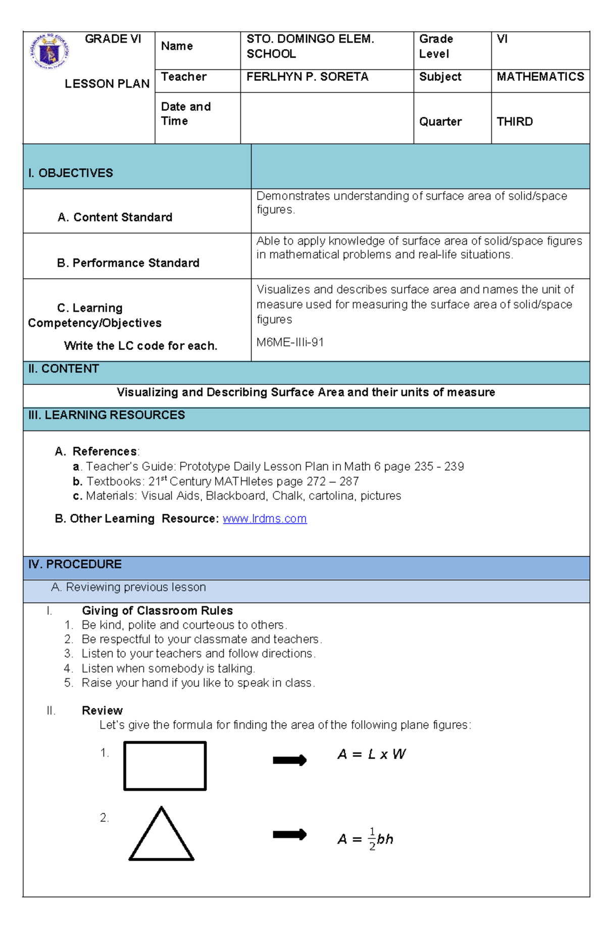 3rd CO LP in Math VI - Surface Area Lesson Plan and Activities - Studocu