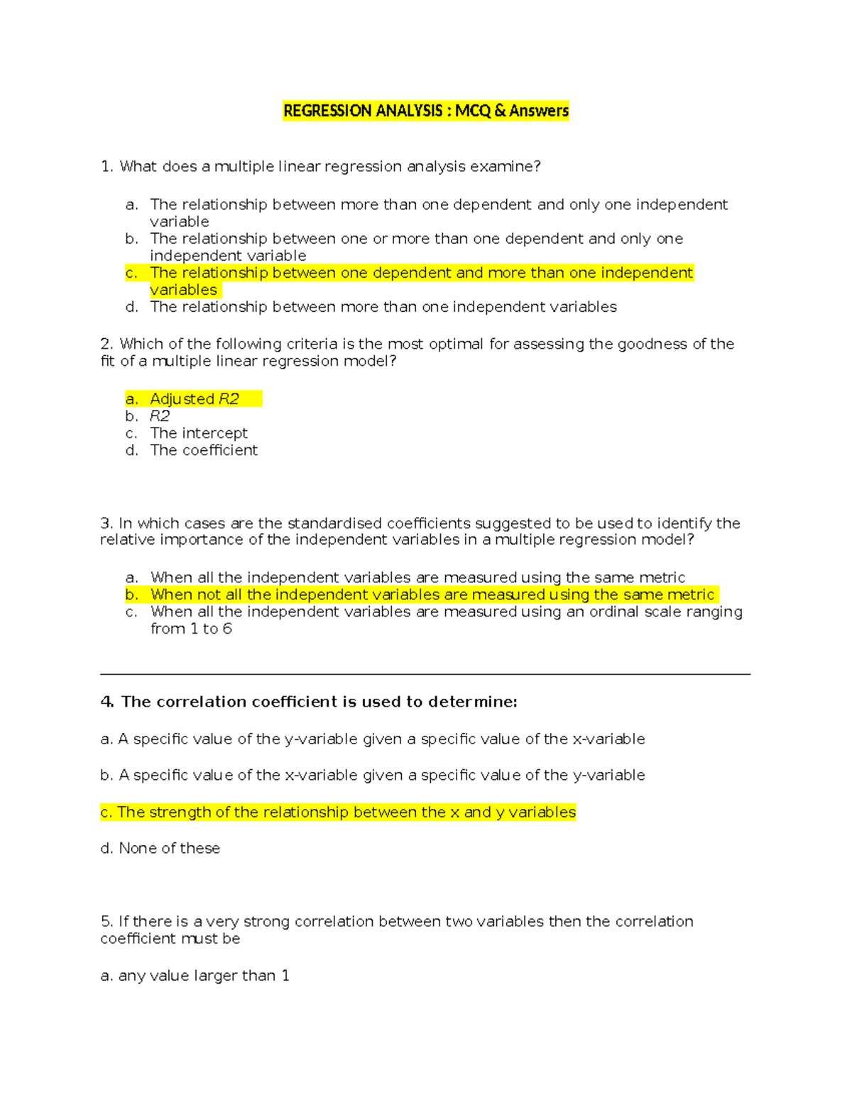 MCQ Regression Analysis: Study Material for Course Code REG101 - Studocu