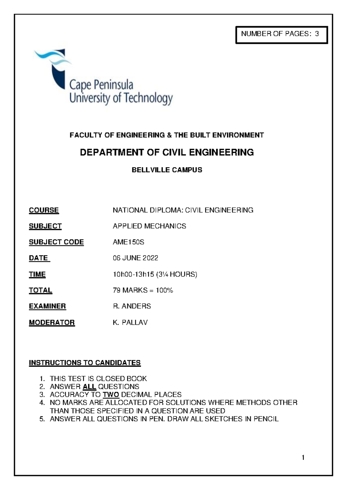 AME150S Applied Mechanics June 2022 Exam Paper - Civil Engineering - Studocu