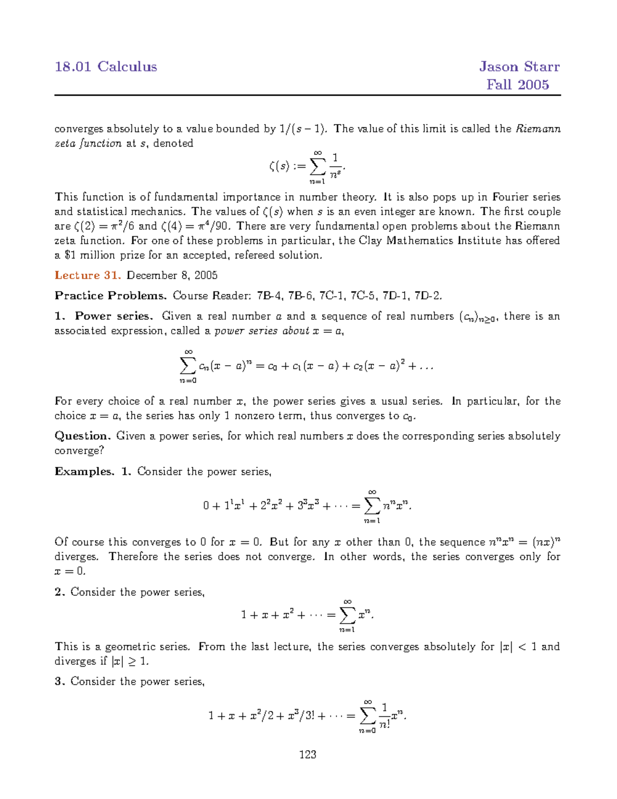 18.01 Calculus Lecture 31: Riemann Zeta Function & Power Series - Studocu
