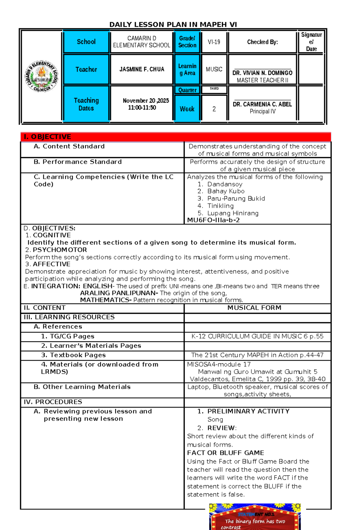 DAILY LESSON PLAN: MUSICAL FORM (MAPEH VI) - WEEK 2 - Studocu