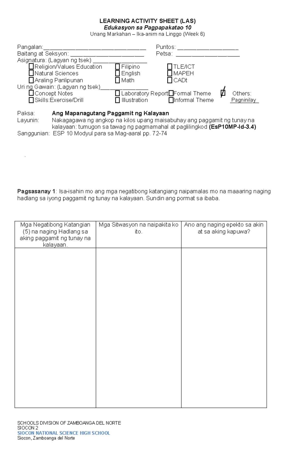 LAS 6 - Mapanagutang Paggamit ng Kalayaan sa Esp 10 Activities - Studocu