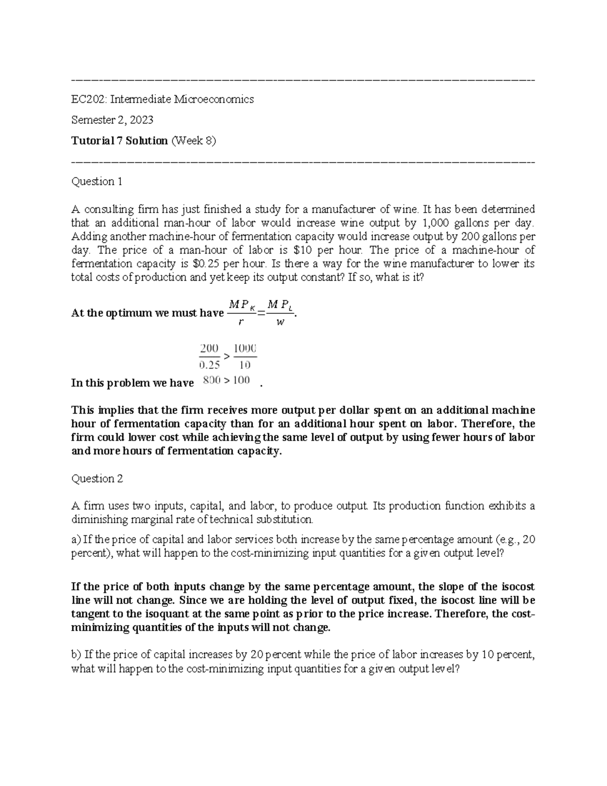 Intermediate Microeconomics (ECON 202) Tutorial 7 Solutions - Studocu