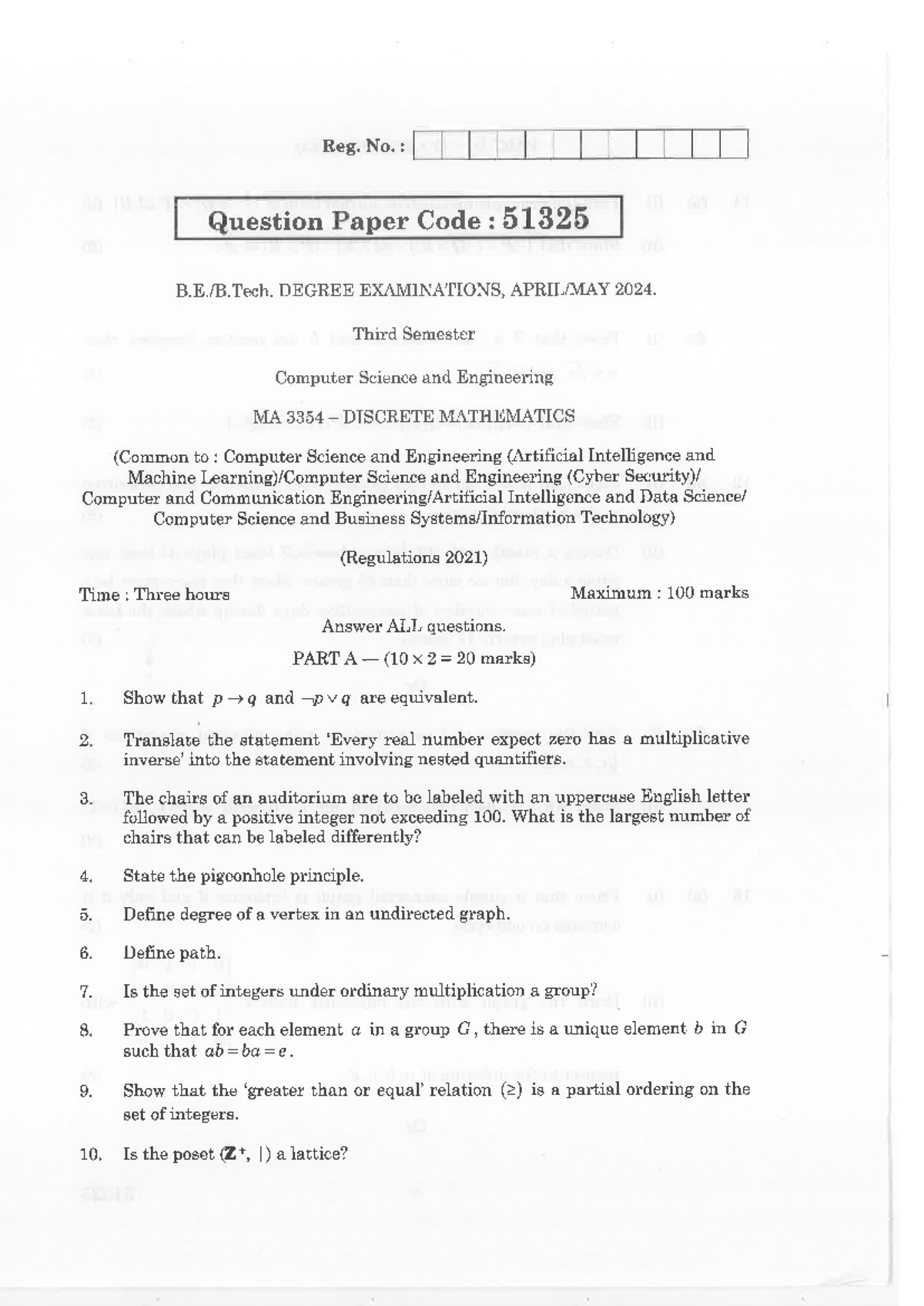 QP MA3354 Discrete Mathematics Exam Paper - 2024 - Studocu