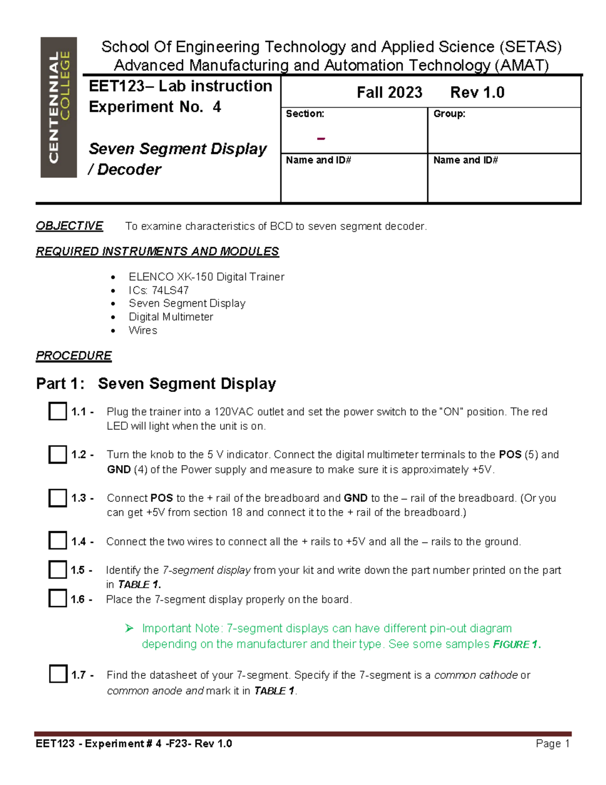 EET123-F23-Exp 4: Seven Segment Display Decoder Lab Instructions - Studocu