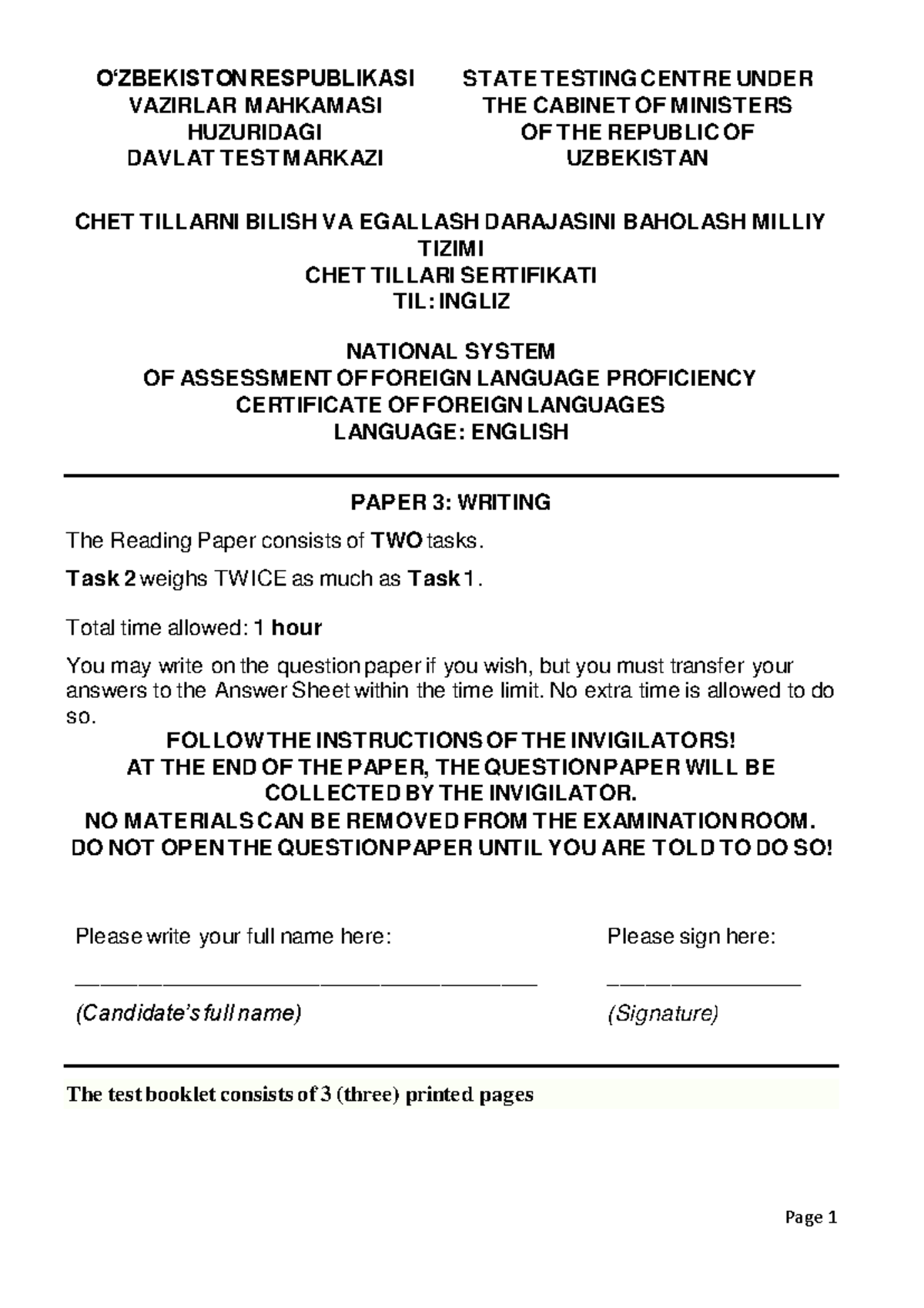Writing Paper 3 - National Assessment of English Proficiency - Studocu