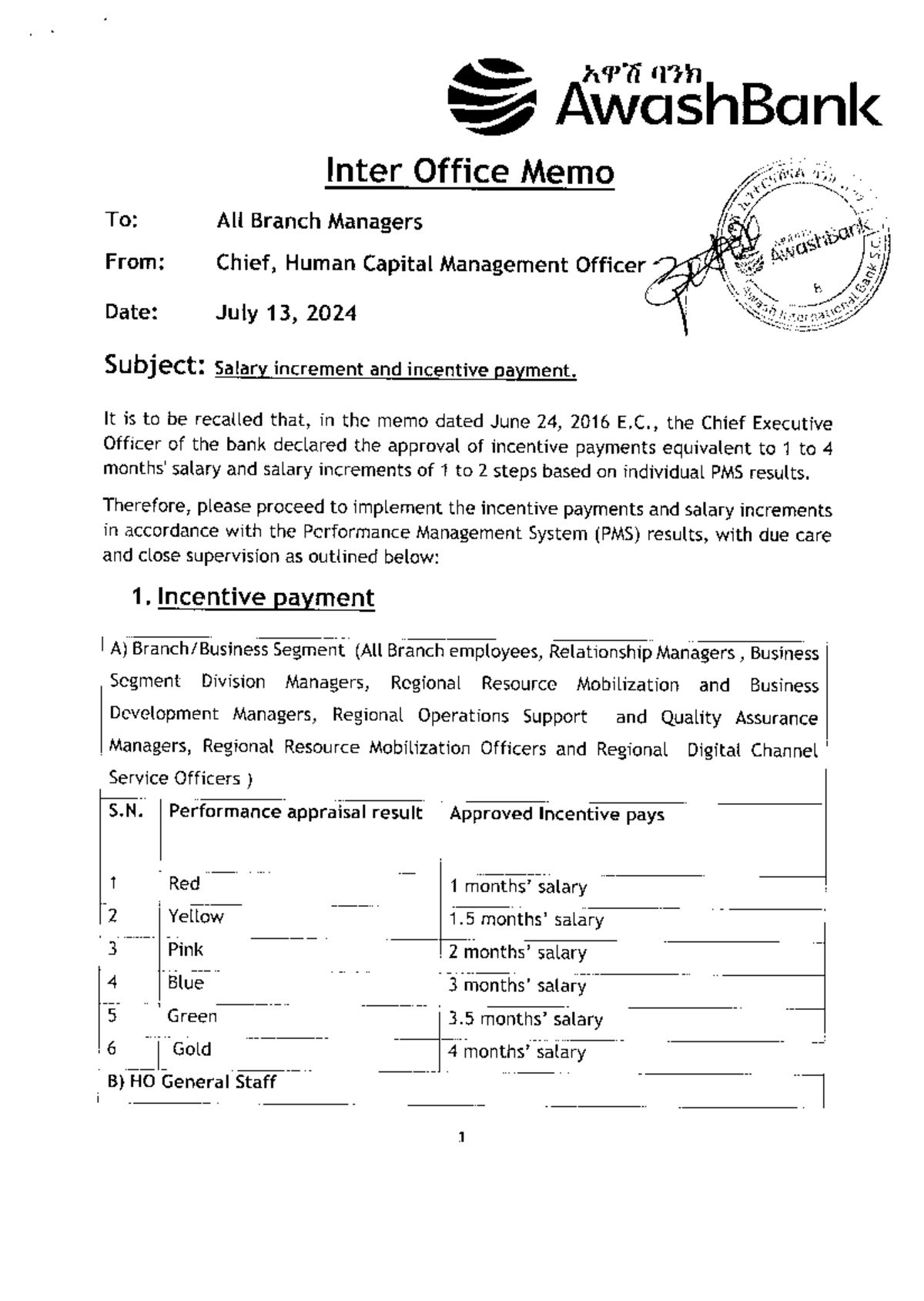 AwashBank Memo: Salary Increment & Incentive Payment Guidelines - Studocu