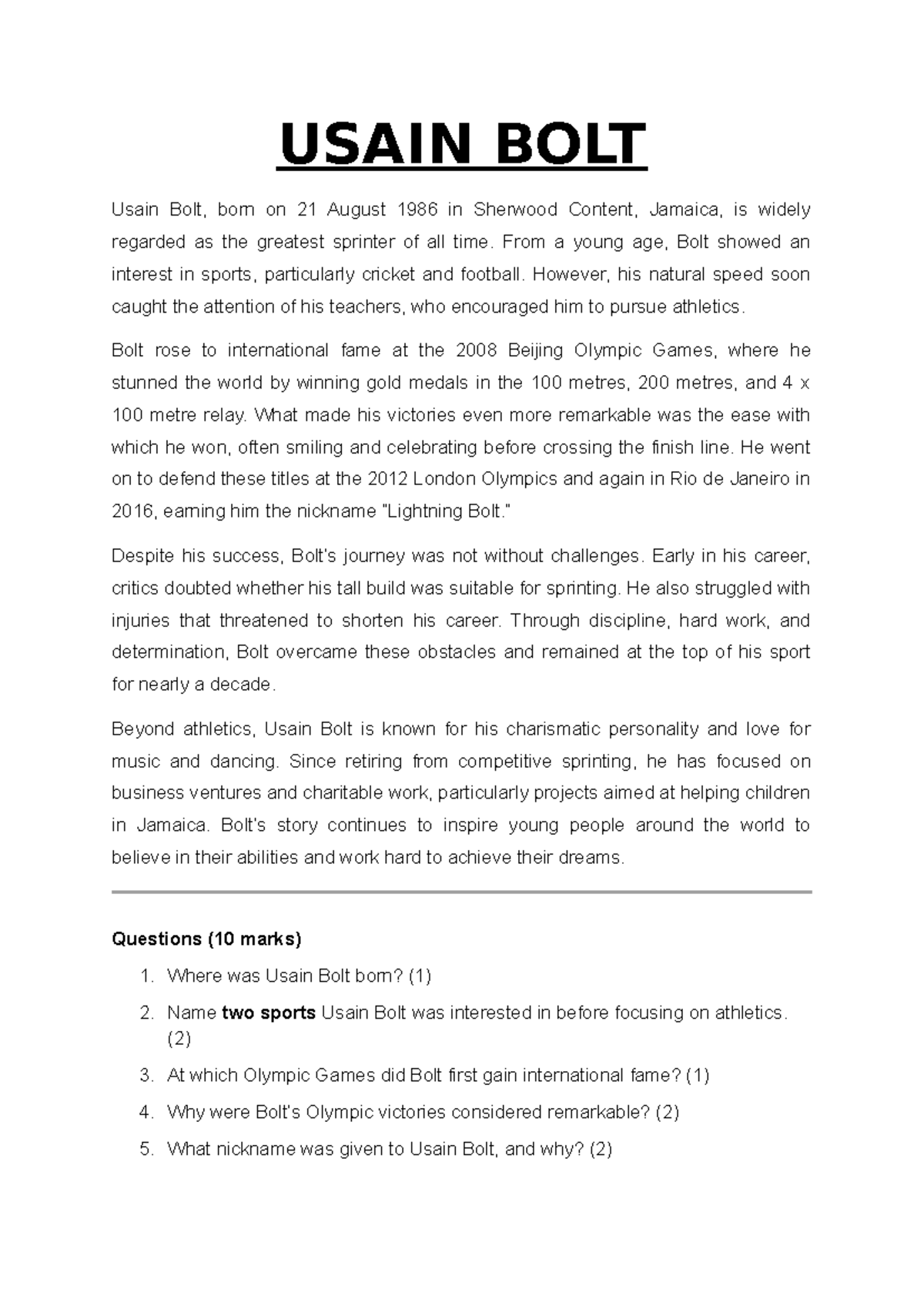 USAIN BOLT: Listening Comprehension on the Sprinting Legend - Studocu