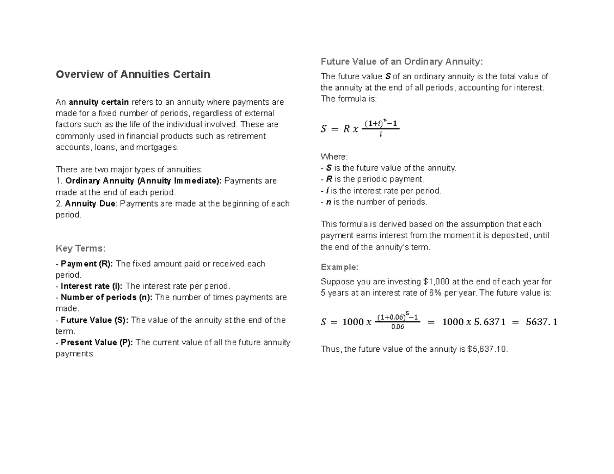 Annuity Certain - Overview of Annuities Certain An annuity certain ...