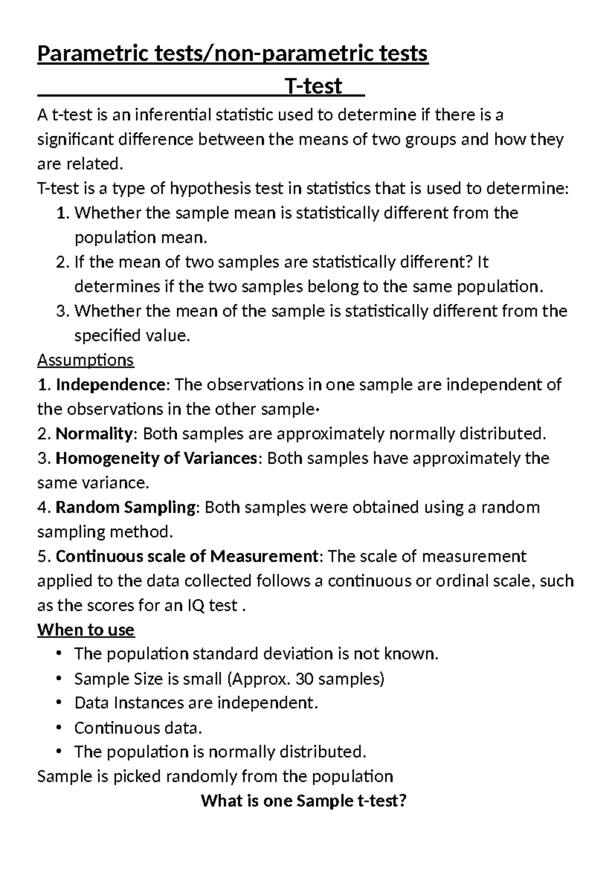 Parametric Tests Overview: Types, Assumptions, and Applications - Studocu