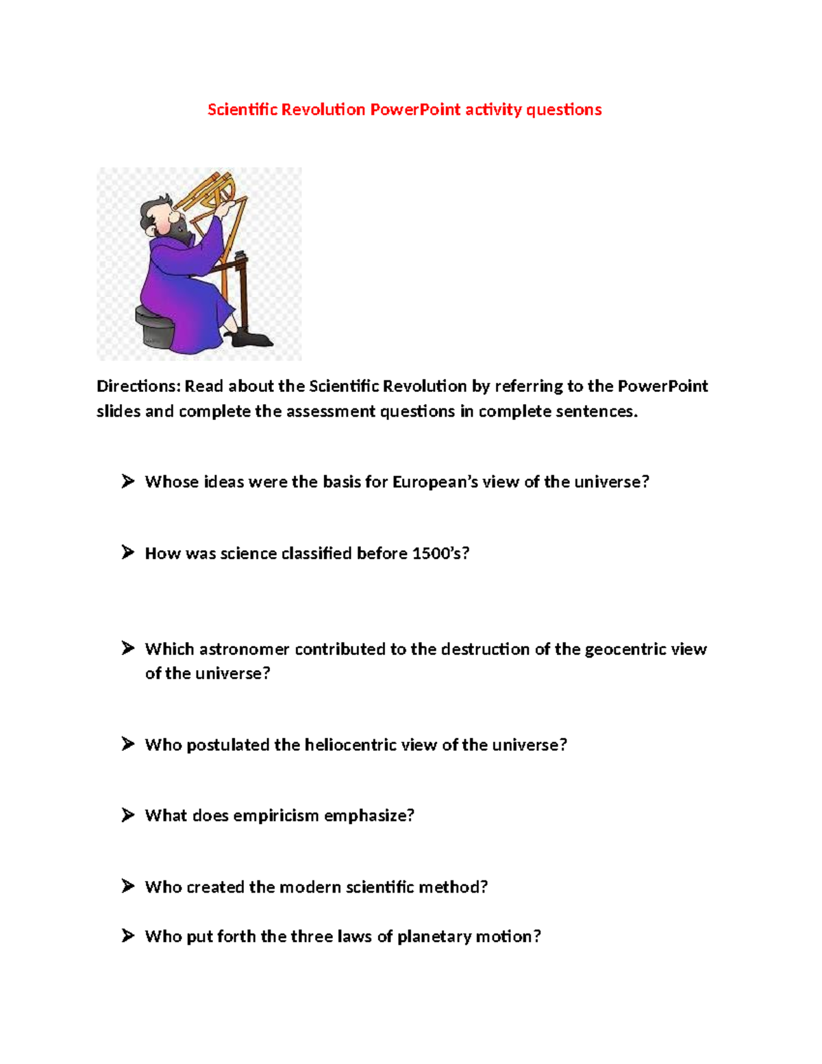 Scientific Revolution Power Point activity questions - Scientific ...