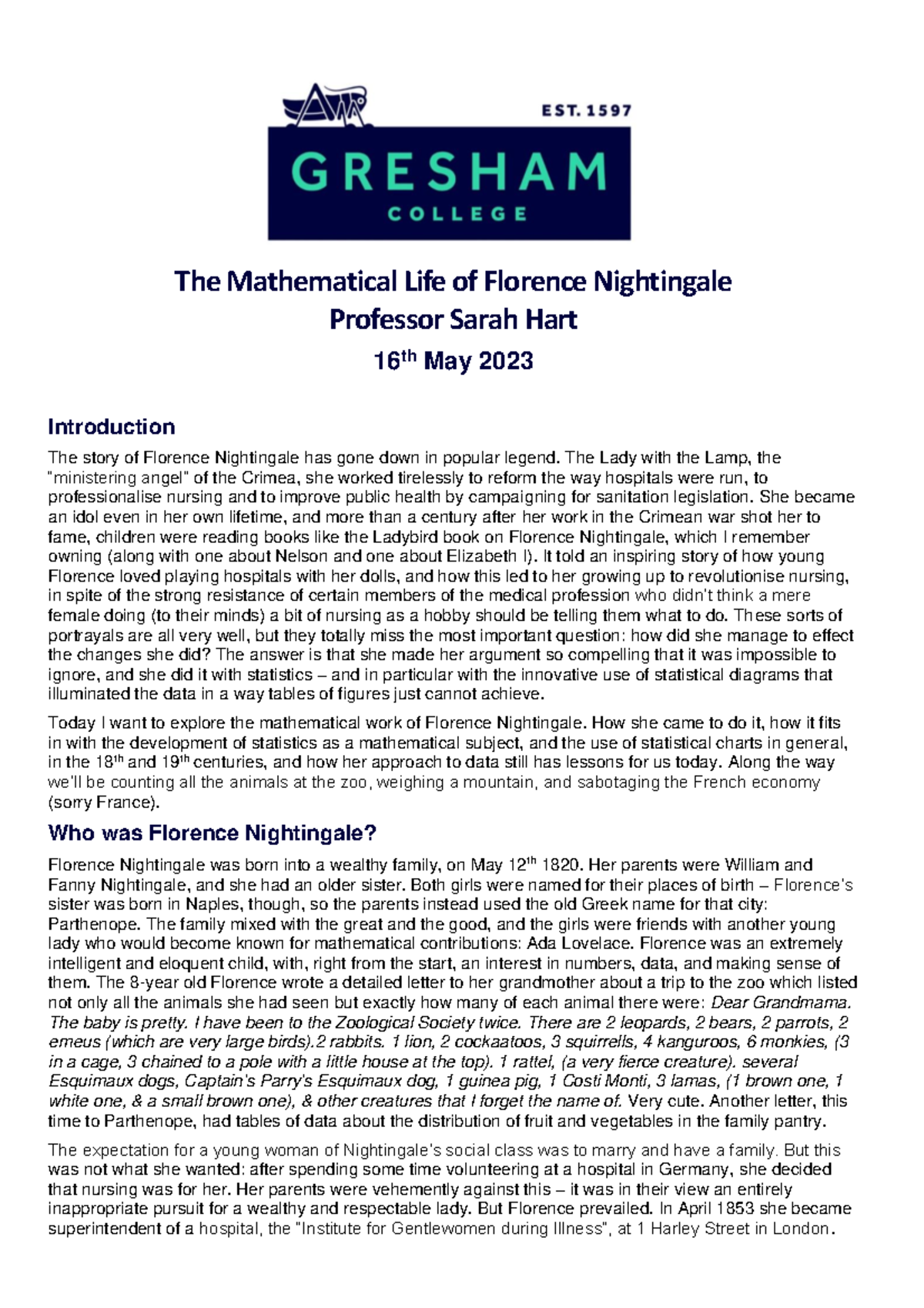 Mathematical Insights from Florence Nightingale: A Lecture by Prof ...
