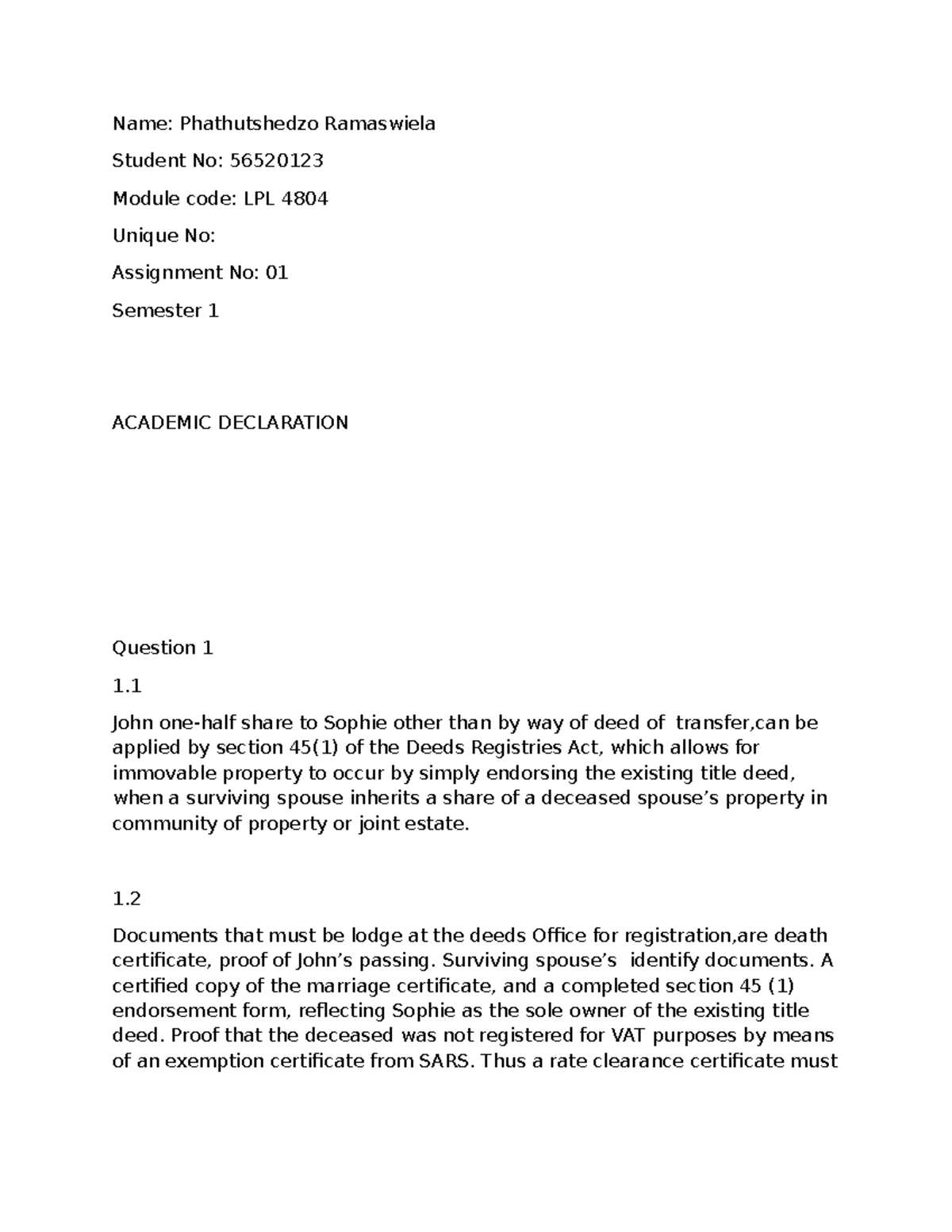 LPL 4804 Assignment 01: Property Transfer and Deeds Registration - Studocu