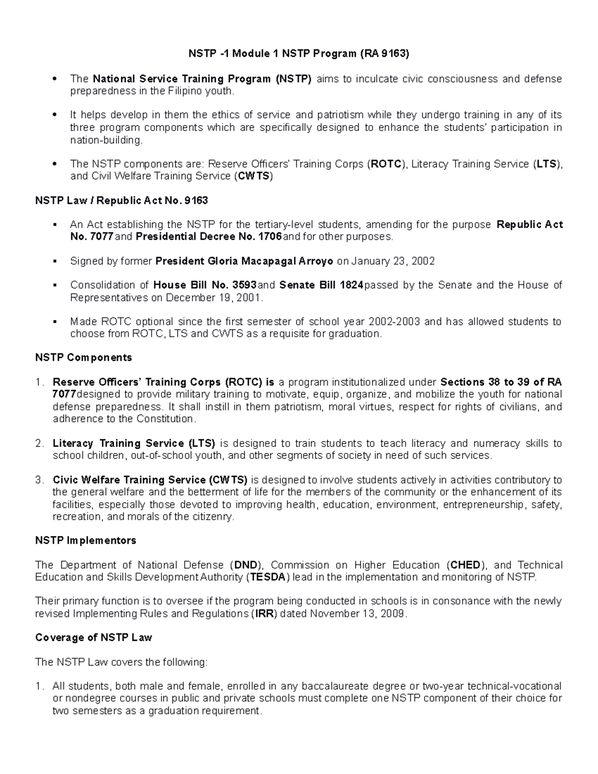 NSTP Reviewer - Nstp - NSTP -1 Module 1 NSTP Program (RA 9163) The ...
