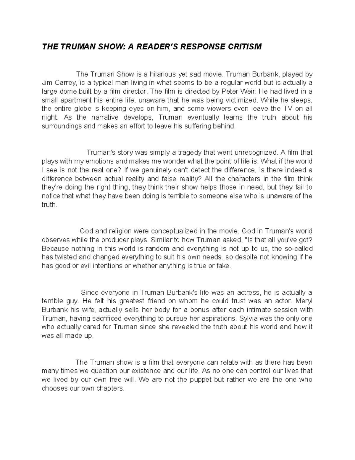 THE TRUMAN SHOW: A CRITICAL READER'S RESPONSE ANALYSIS - Studocu
