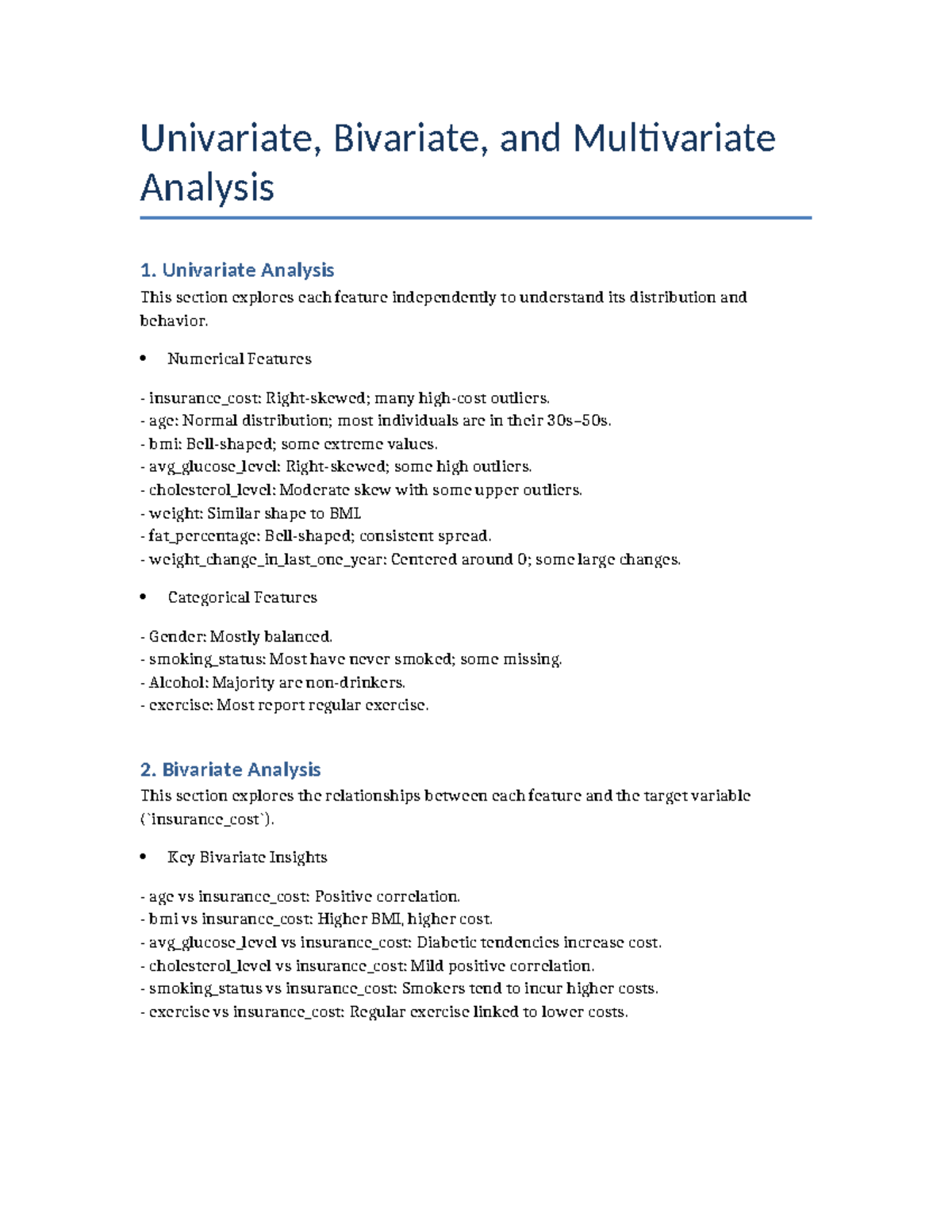 Health Insurance EDA Summary: Univariate & Bivariate Analysis - Studocu
