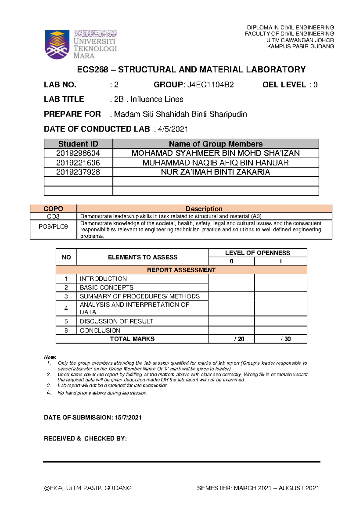 Lab 2B: Influence Lines Report - ECS 268 Structural Lab - Studocu