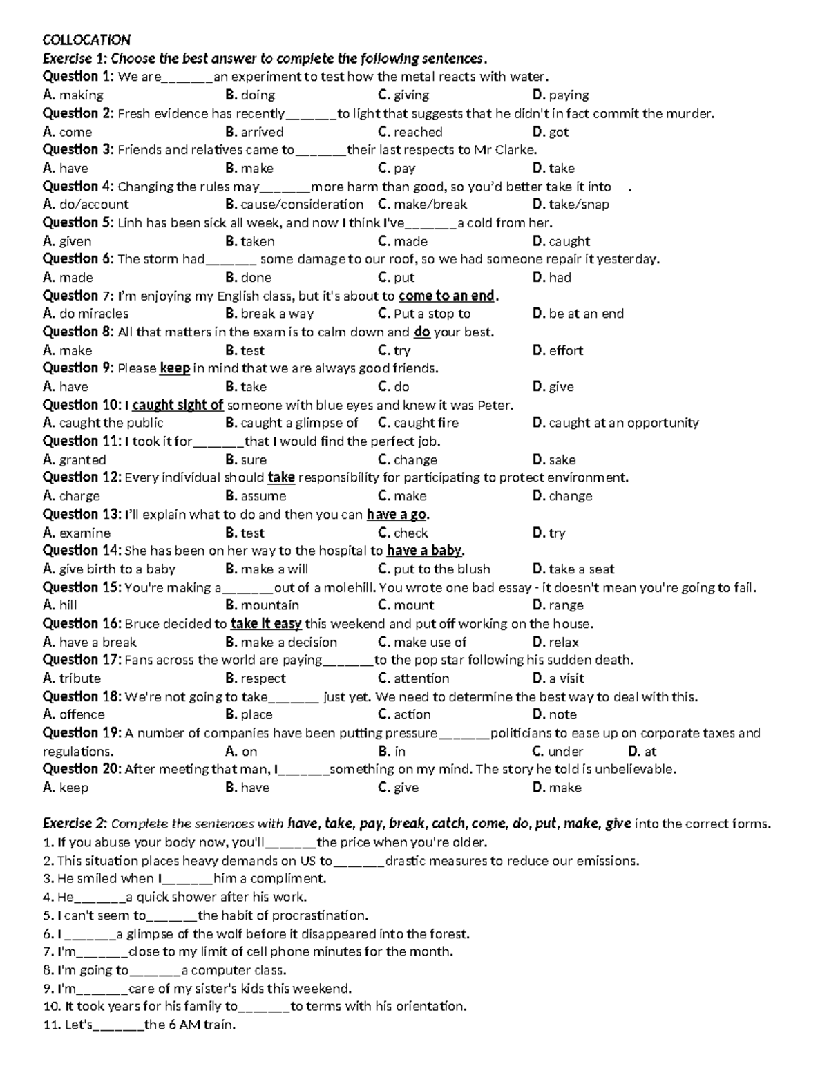 Collocation Exercises VMP 27 & 28 - Practice Questions & Answers - Studocu