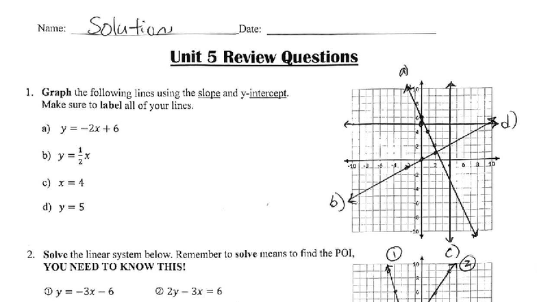 MTH1W - Unit 5 Review Solutions for Graphing & Linear Systems - Studocu