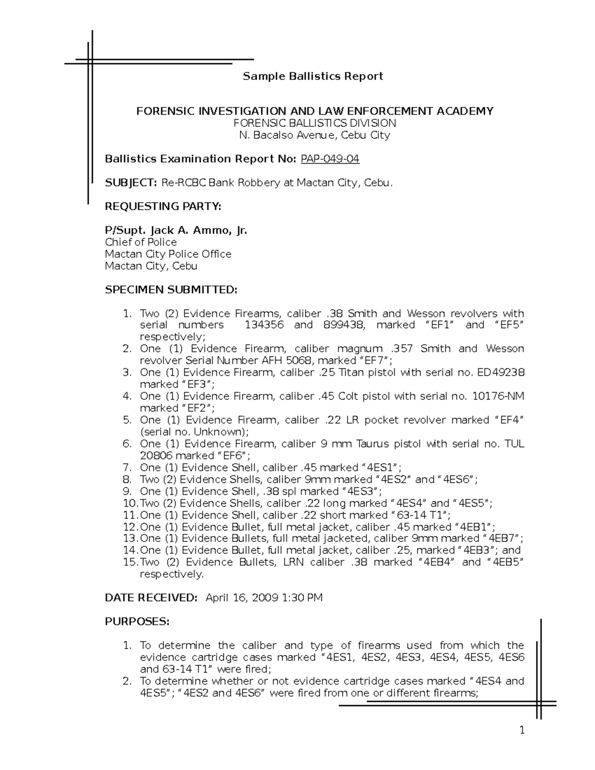 Ballistics Examination Report: PAP-049 for RCBC Bank Robbery Case - Studocu