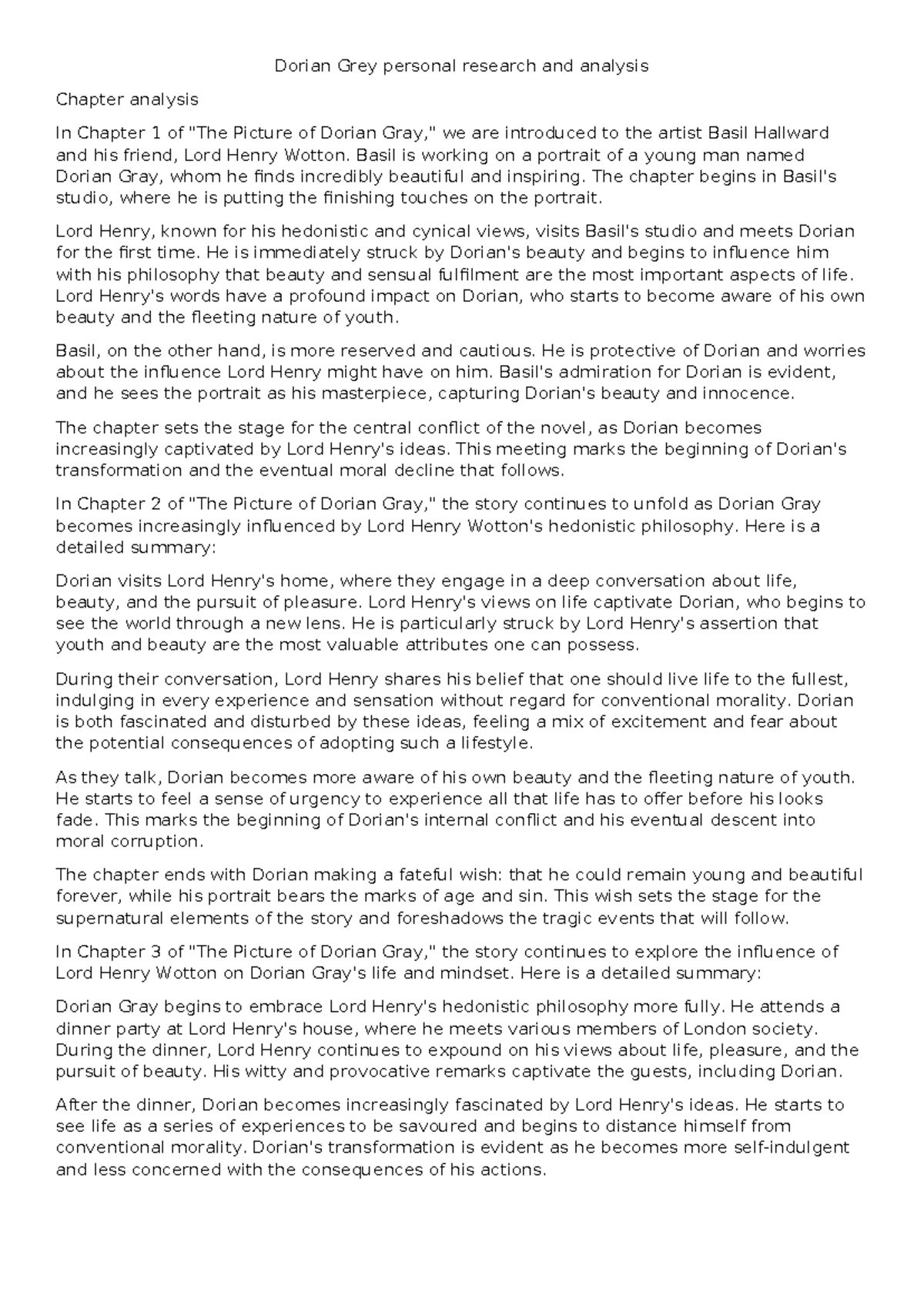 Dorian Grey personal research and analysis - Basil is working on a ...