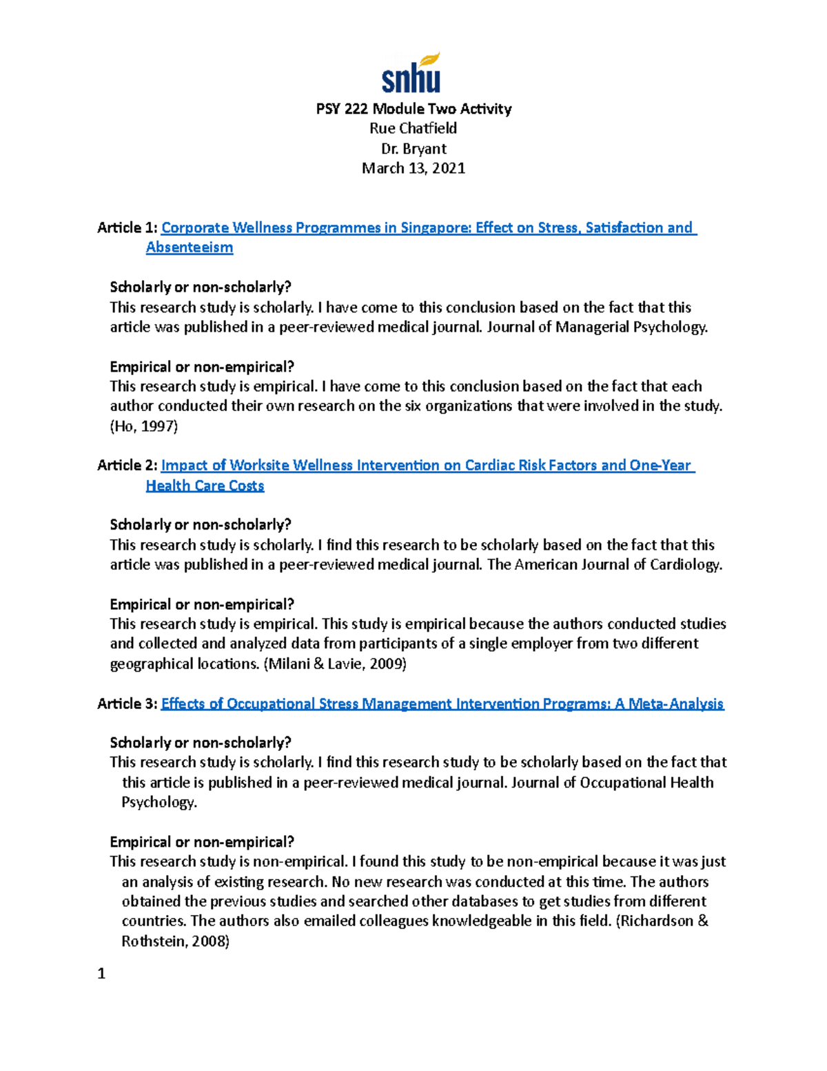 PSY222 Module Two Activity: Analyzing Workplace Wellness Studies - Studocu