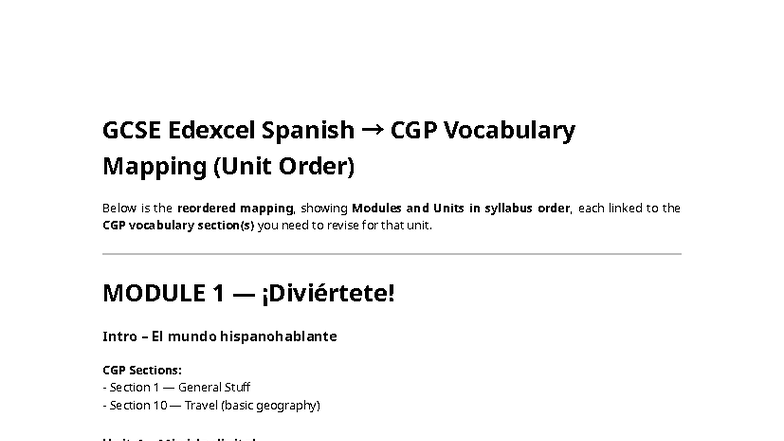 GCSE Edexcel Spanish CGP Vocabulary Mapping Guide - Studocu