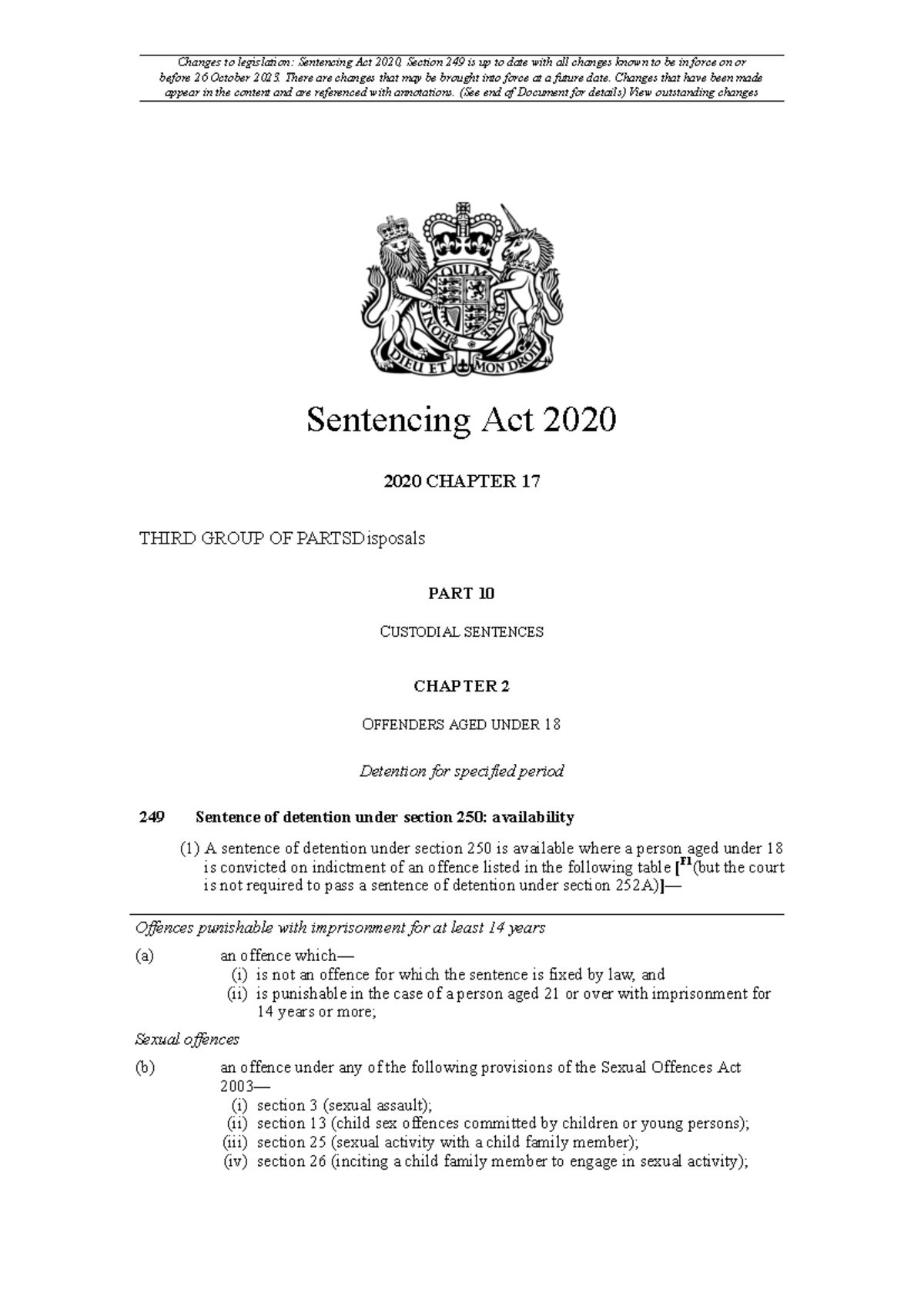 SA 2020, s. 249 - Summary of Detention Sentencing for Offenders Under ...