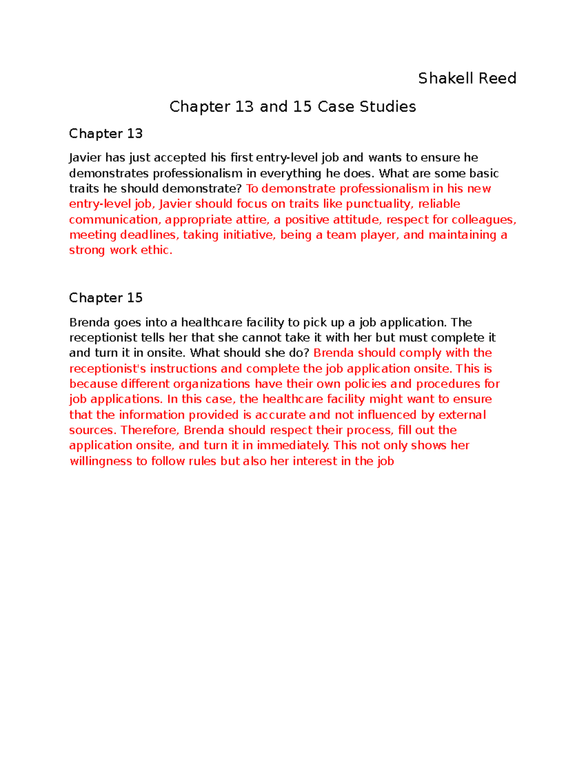 Chapter 13 and 15 case study shakell reed - Shakell Reed Chapter 13 and ...