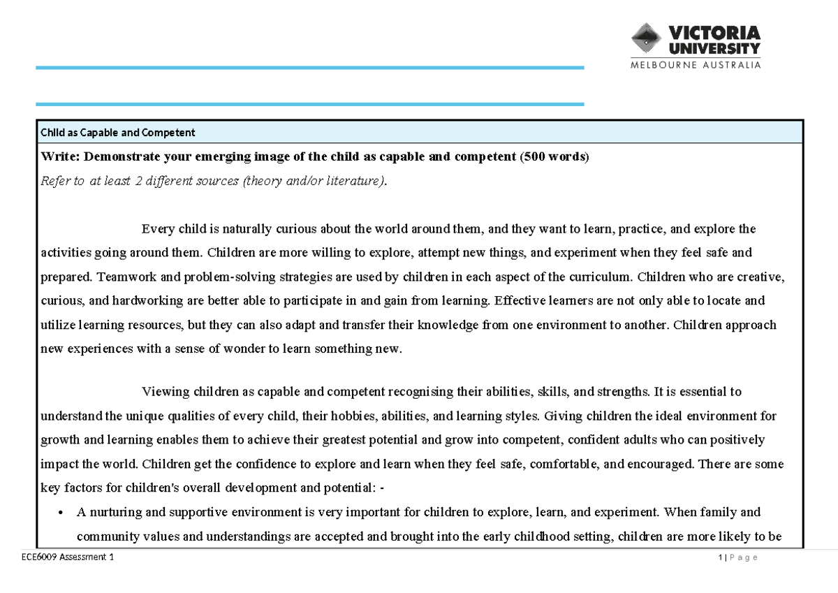 ECE6009 Assessment 1: Child as Capable and Competent Template - Studocu