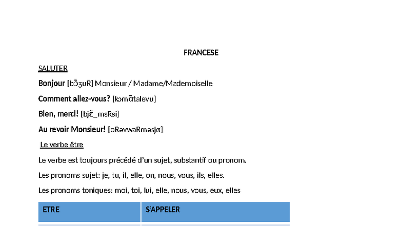 FRANCESE GRAMMATICA: Le Verbe ÊTRE et Les Pronoms Sujet - Studocu